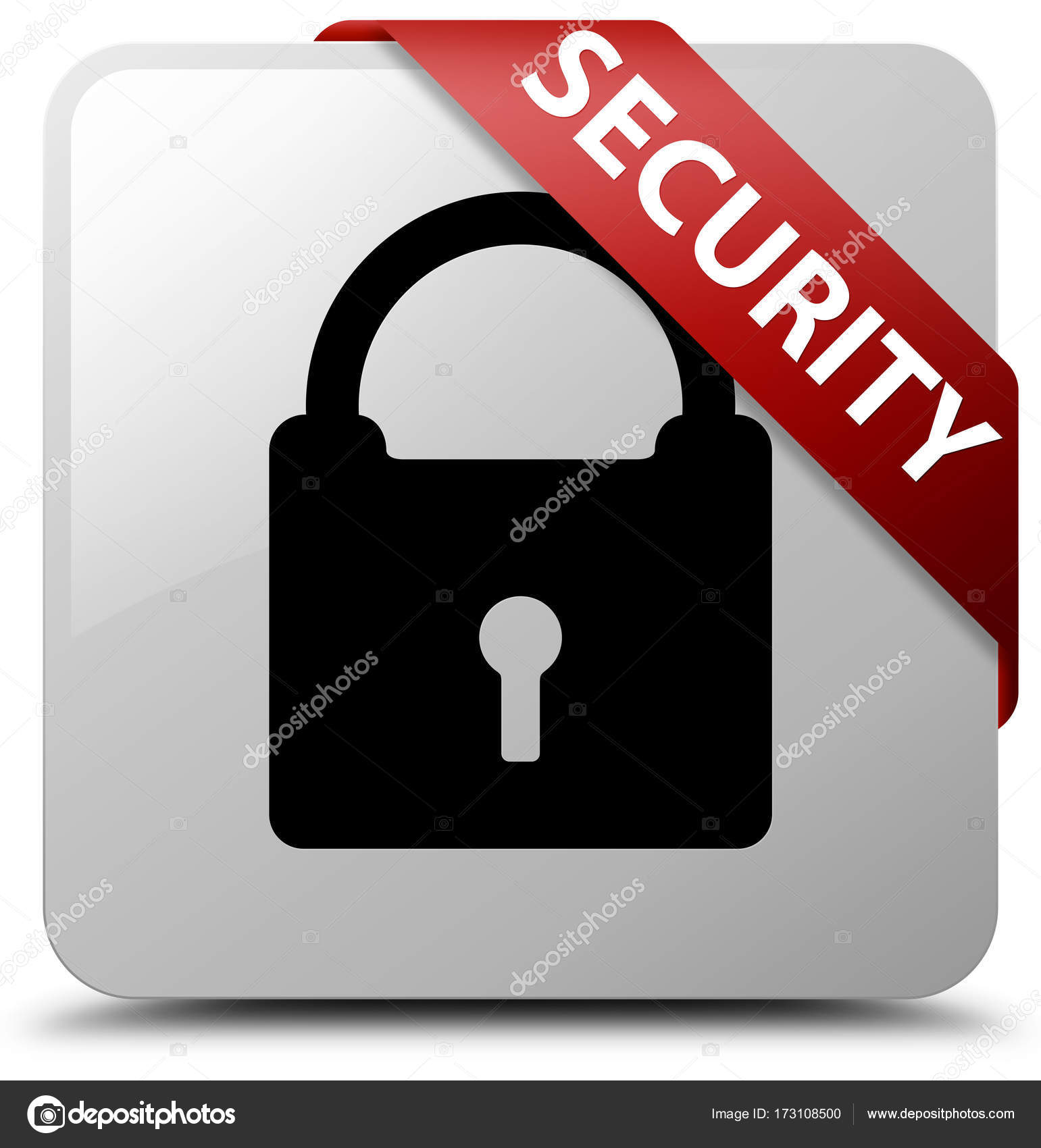 Security (padlock icon) white square button red ribbon in corner ...