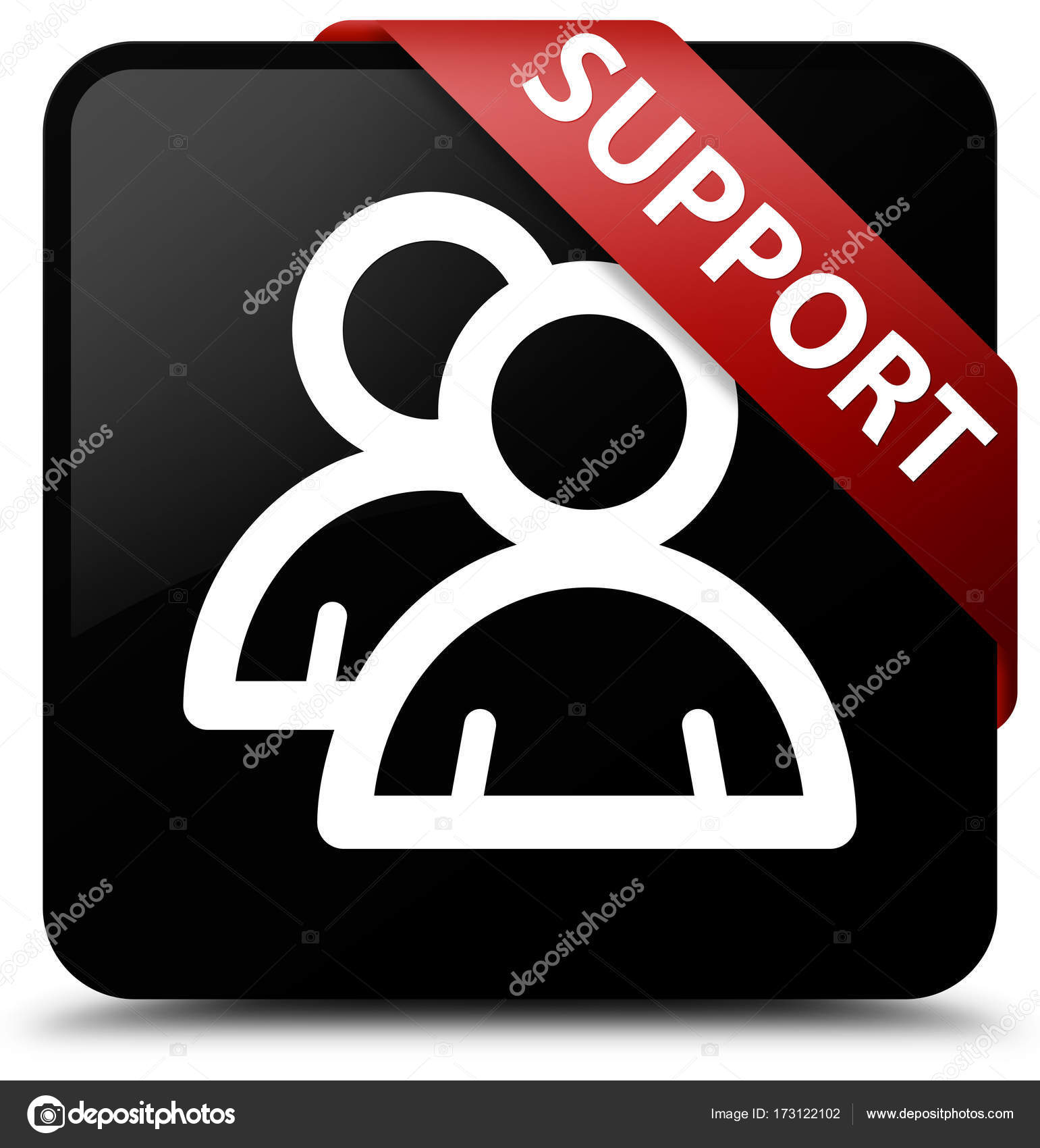Support (group icon) black square button red ribbon in corner — Stock ...