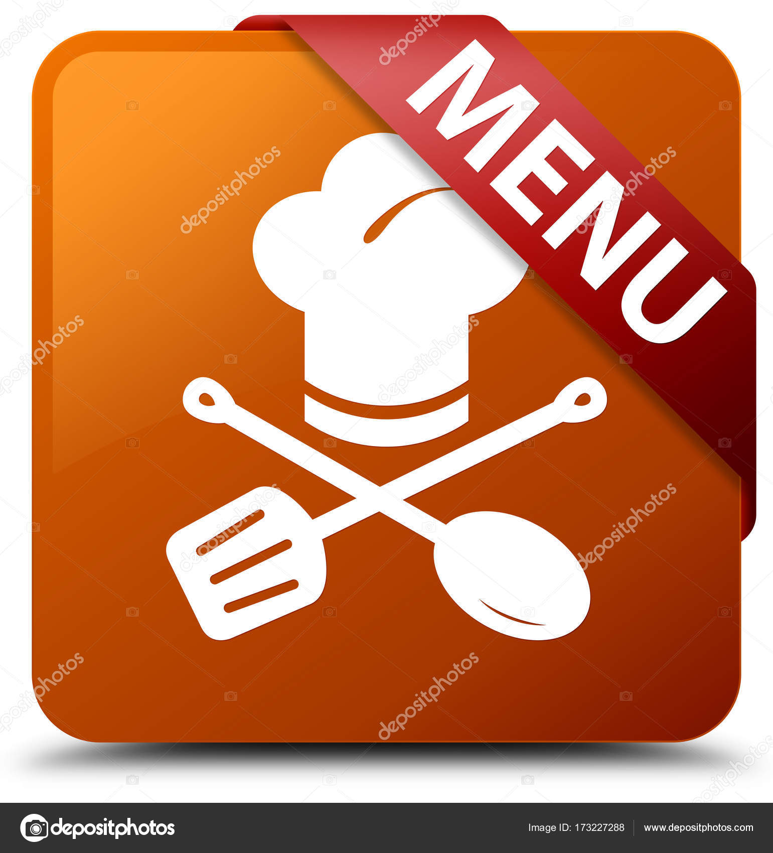 Menu (restaurant icon) brown square button red ribbon in corner — Stock ...