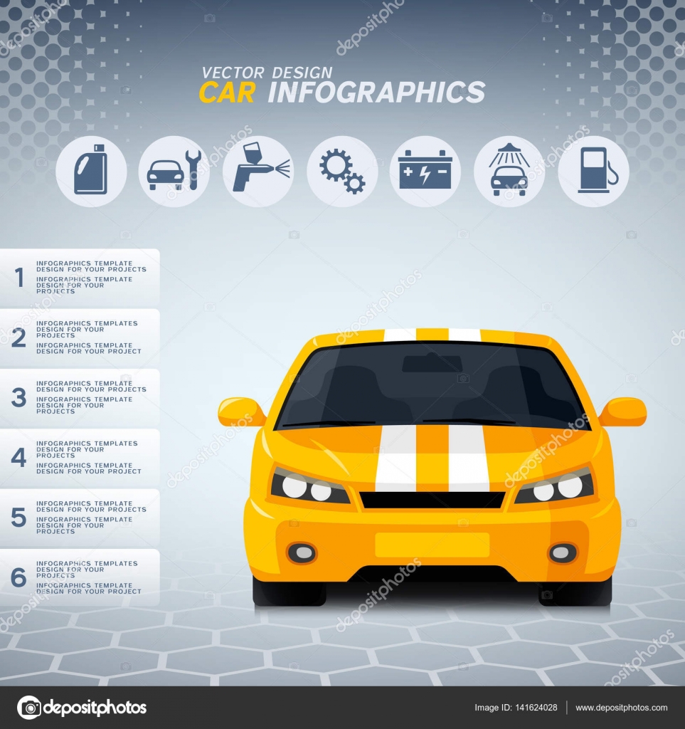 Automotive infographics design with generic yellow sports car and auto ...