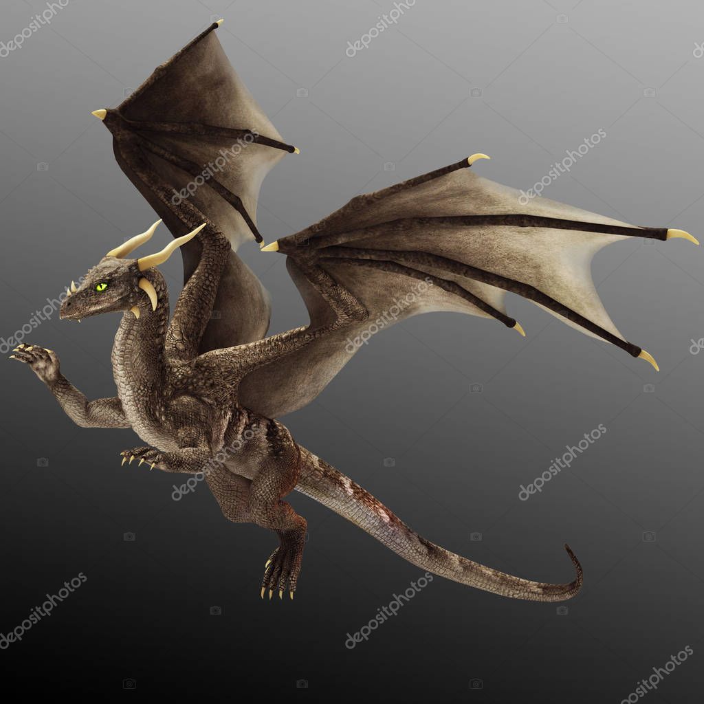 Dragón de fantasía CGI con alas, marrón / gris 2024