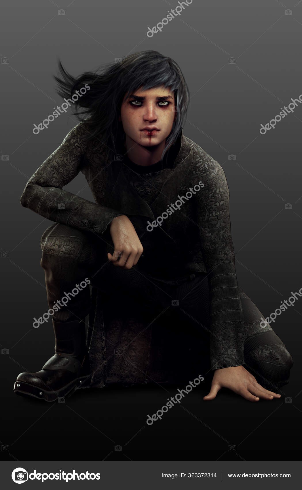 Young Man Kneeling Shadows Rogue Assassin — Stock Photo © Ravven #363372314