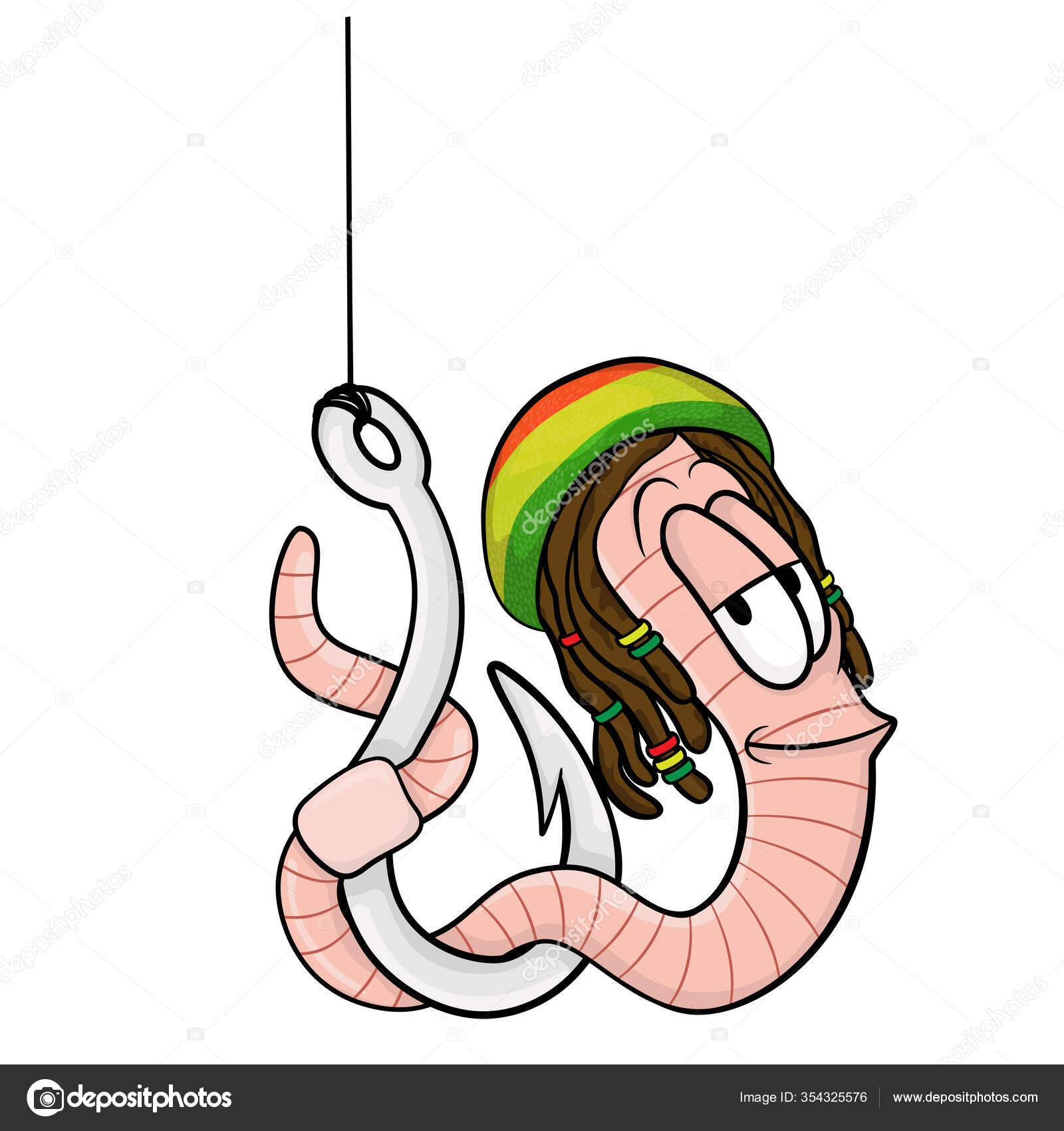 Cartoon Worm Hook Dreadlocks Rasta Hat Isolated White Background Vector ...