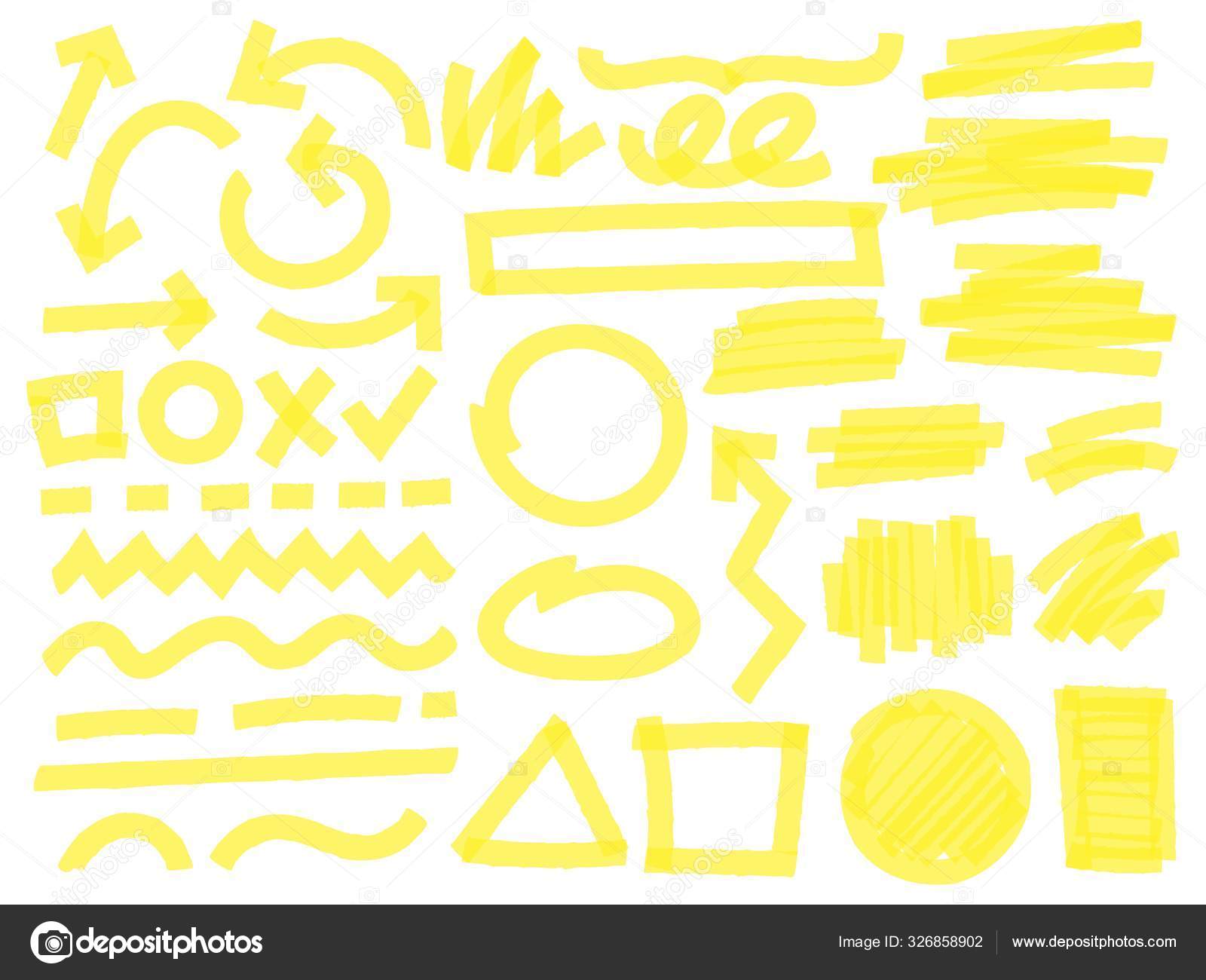 Highlight marker strokes. Yellow checkmark marks, text highlighter ...