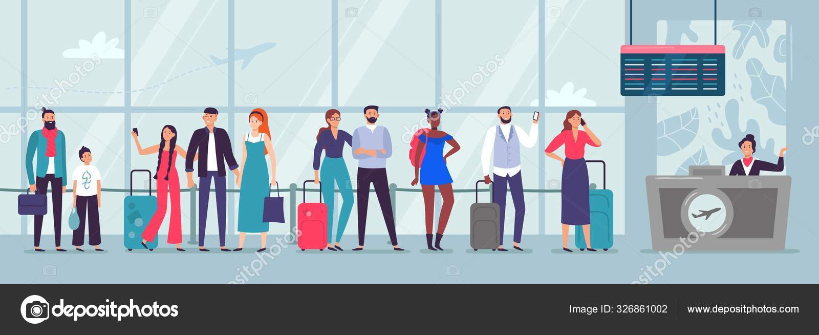 Queue to airport check-in. Travelers waiting in line, people wait for ...