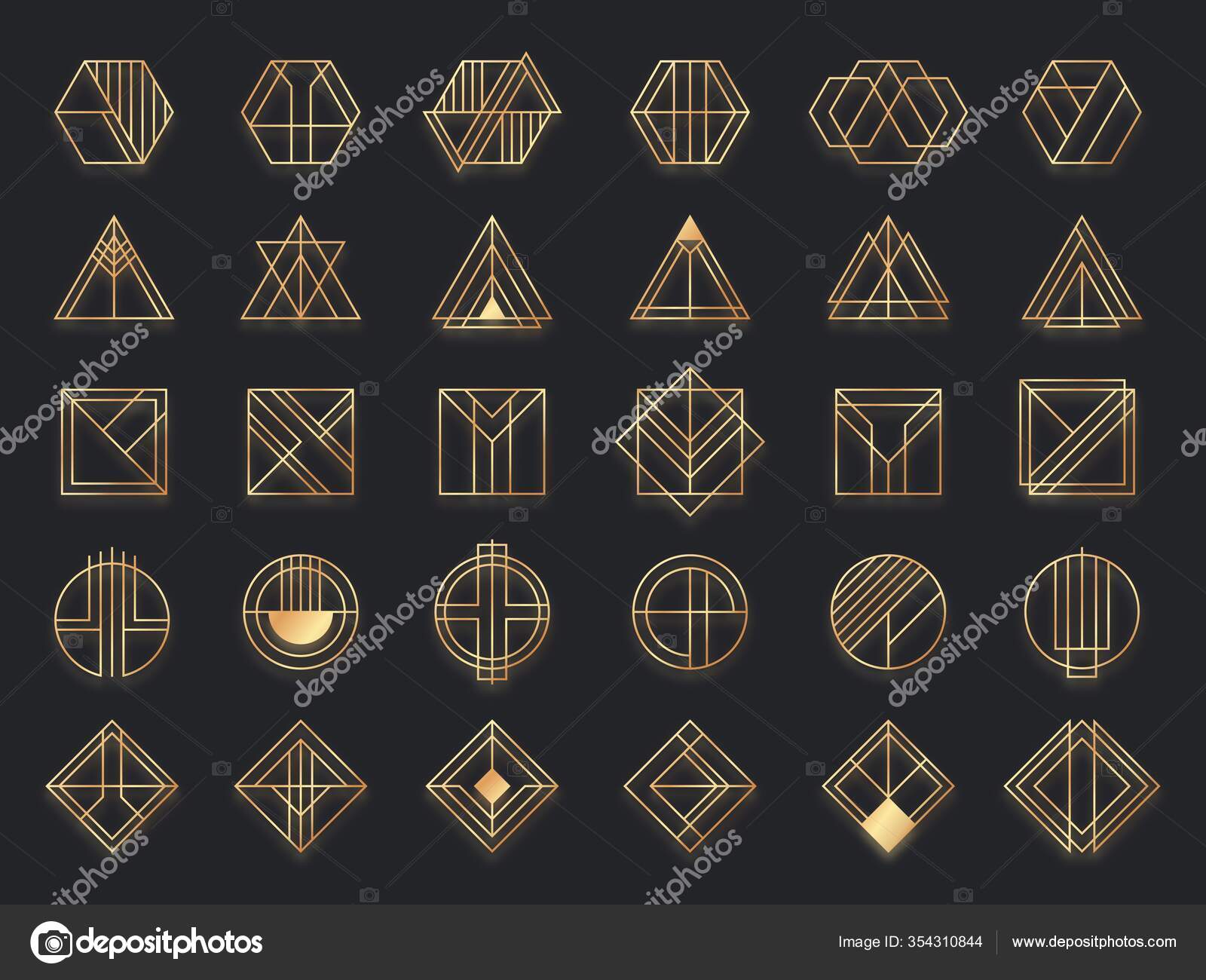 Arte deco formas geométricas. Forma de arte geométrico dorado, símbolo del círculo de oro y ...
