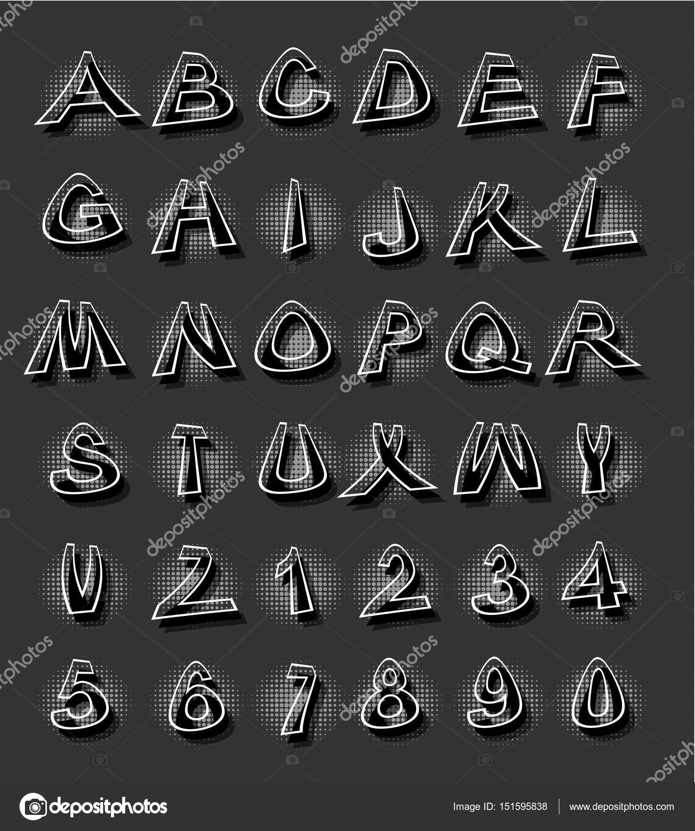 Alphabet in modern style with distorted letters with shading black ...