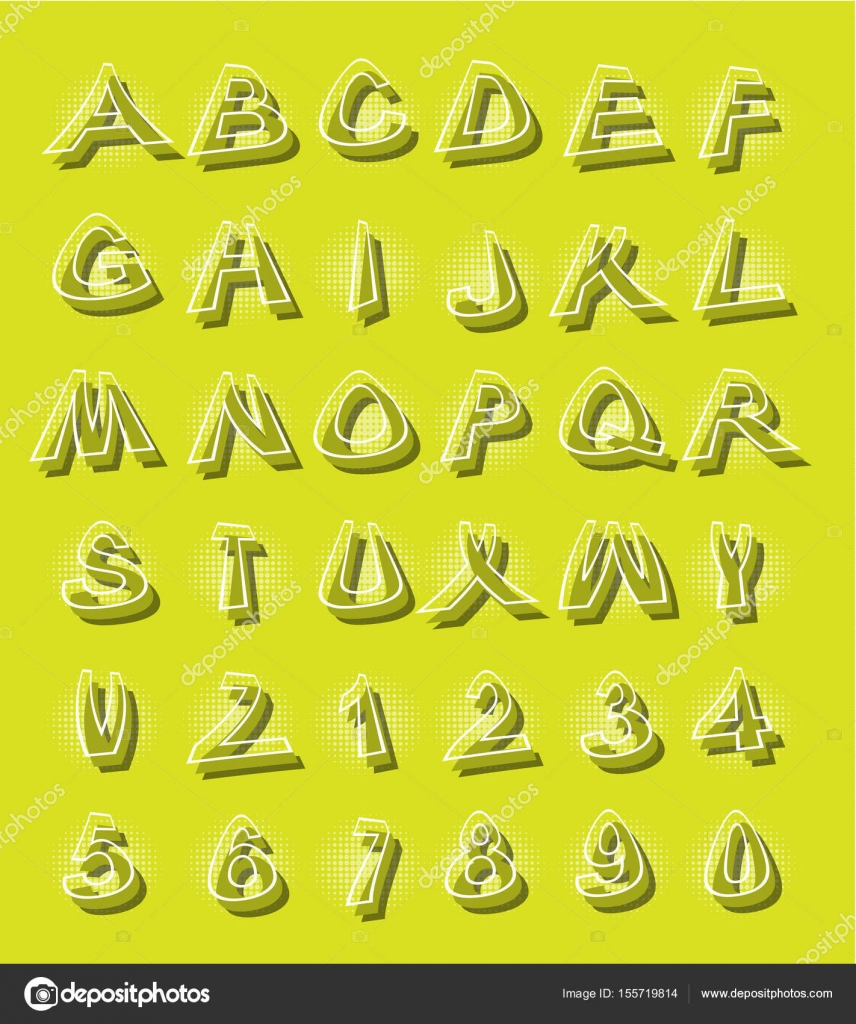 Alphabet in modern style with distorted letters with shading yellow ...