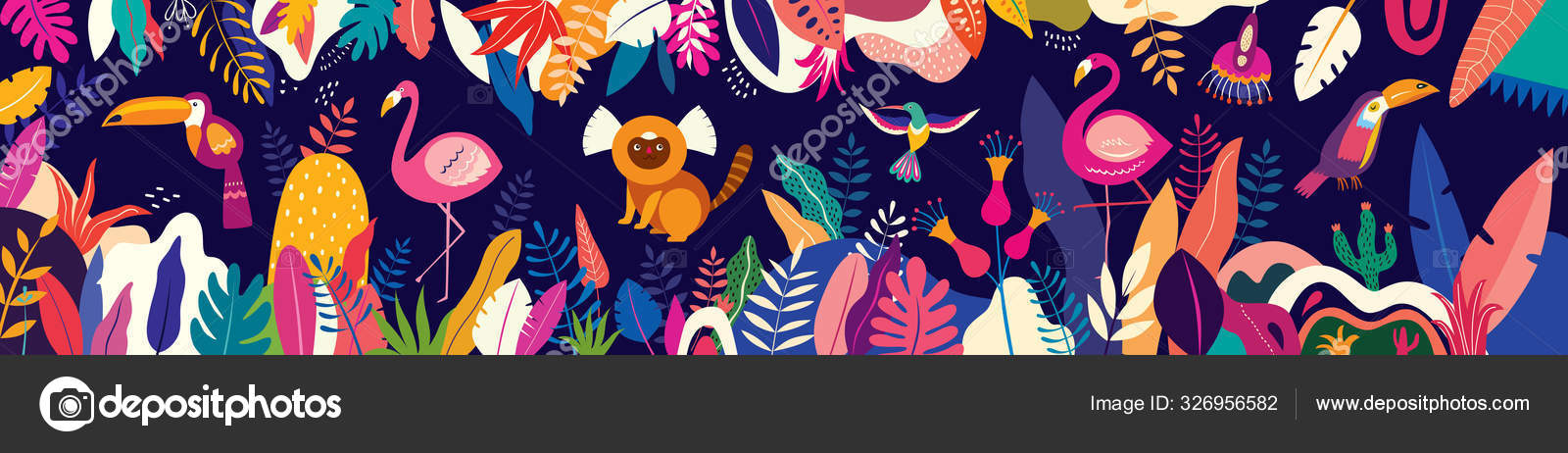 Vector Colorful Illustration Tropical Flowers Leaves Monkey Flamingo ...