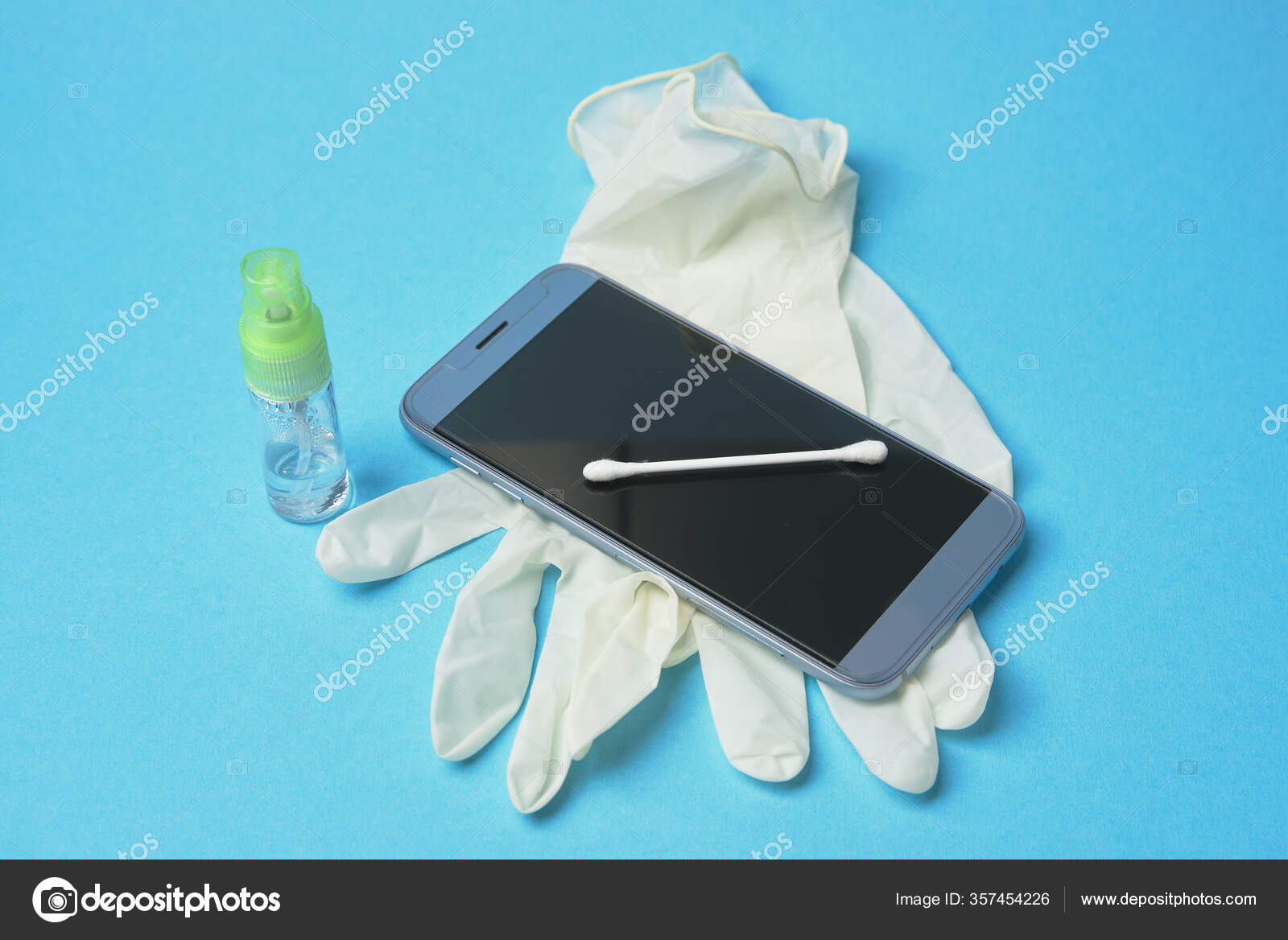 Smartphone Disinfection Sanitizer Virus Spray Blue Background Stock ...