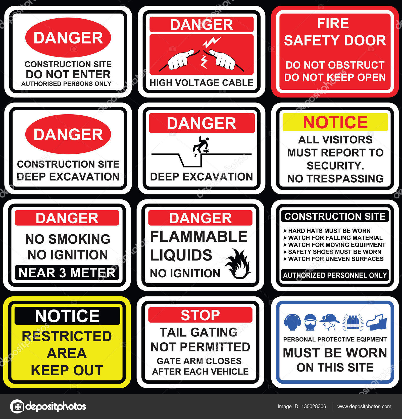 Building construction site safety warning signage, icons and s Stock ...