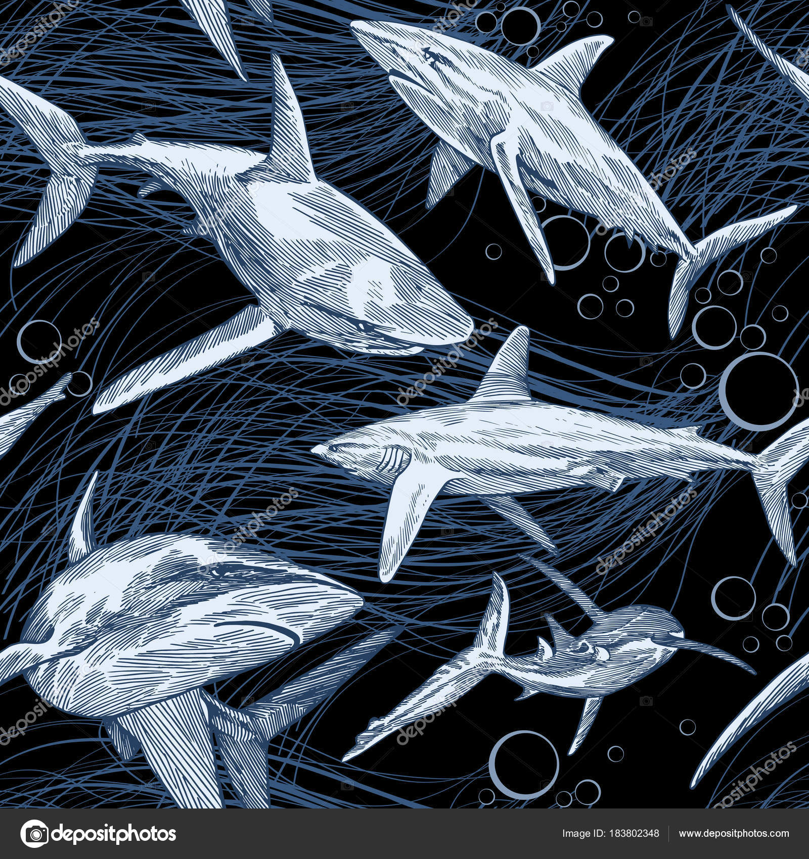 Shark Vector Pattern with hand drawn underwater Sea Fish, Contemporary ...