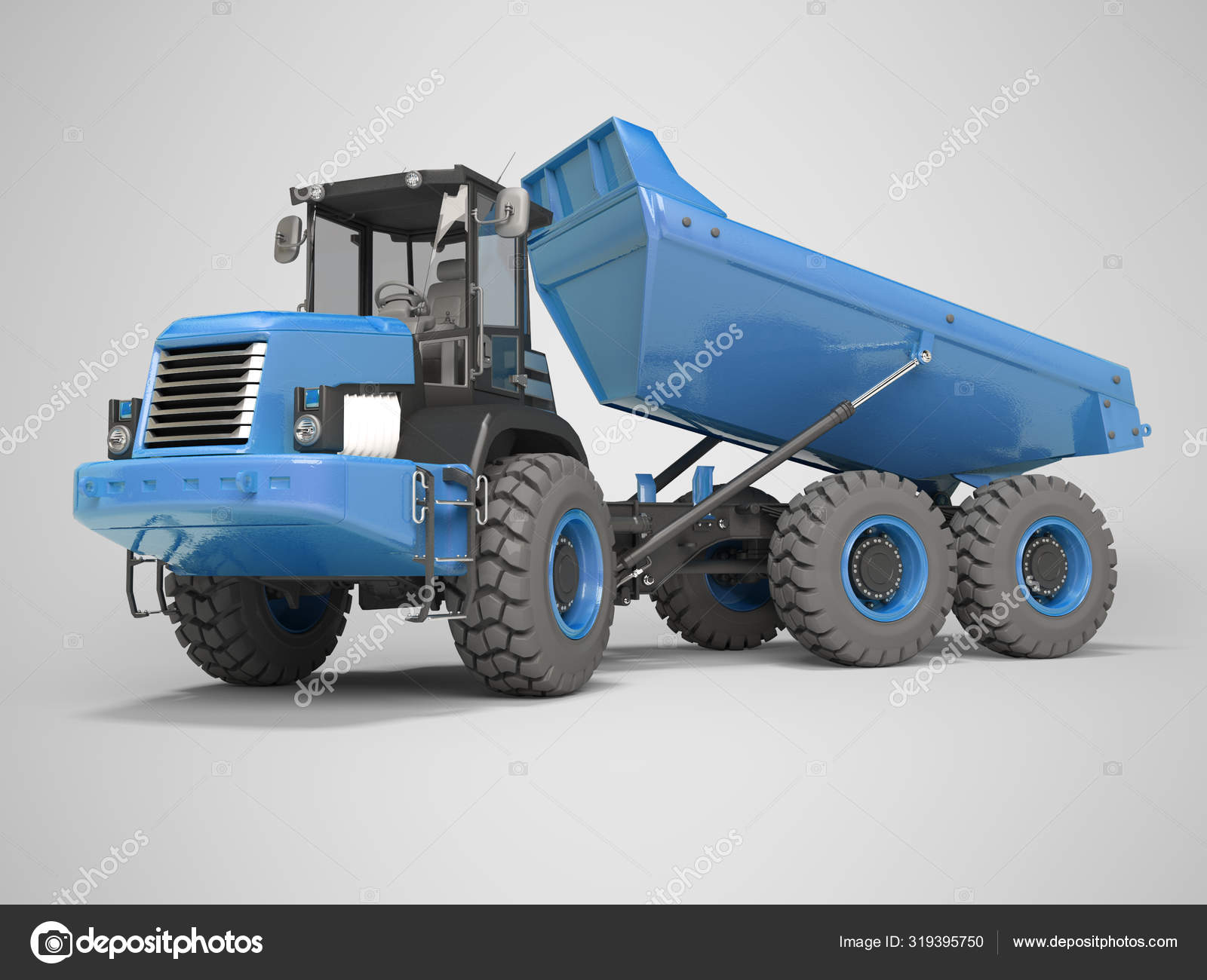 Construction machinery blue dump truck unloads from the trailer — Stock ...