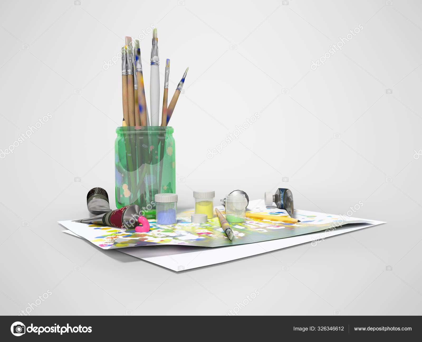 3d rendering set for drawing with paints on gray background with Stock ...
