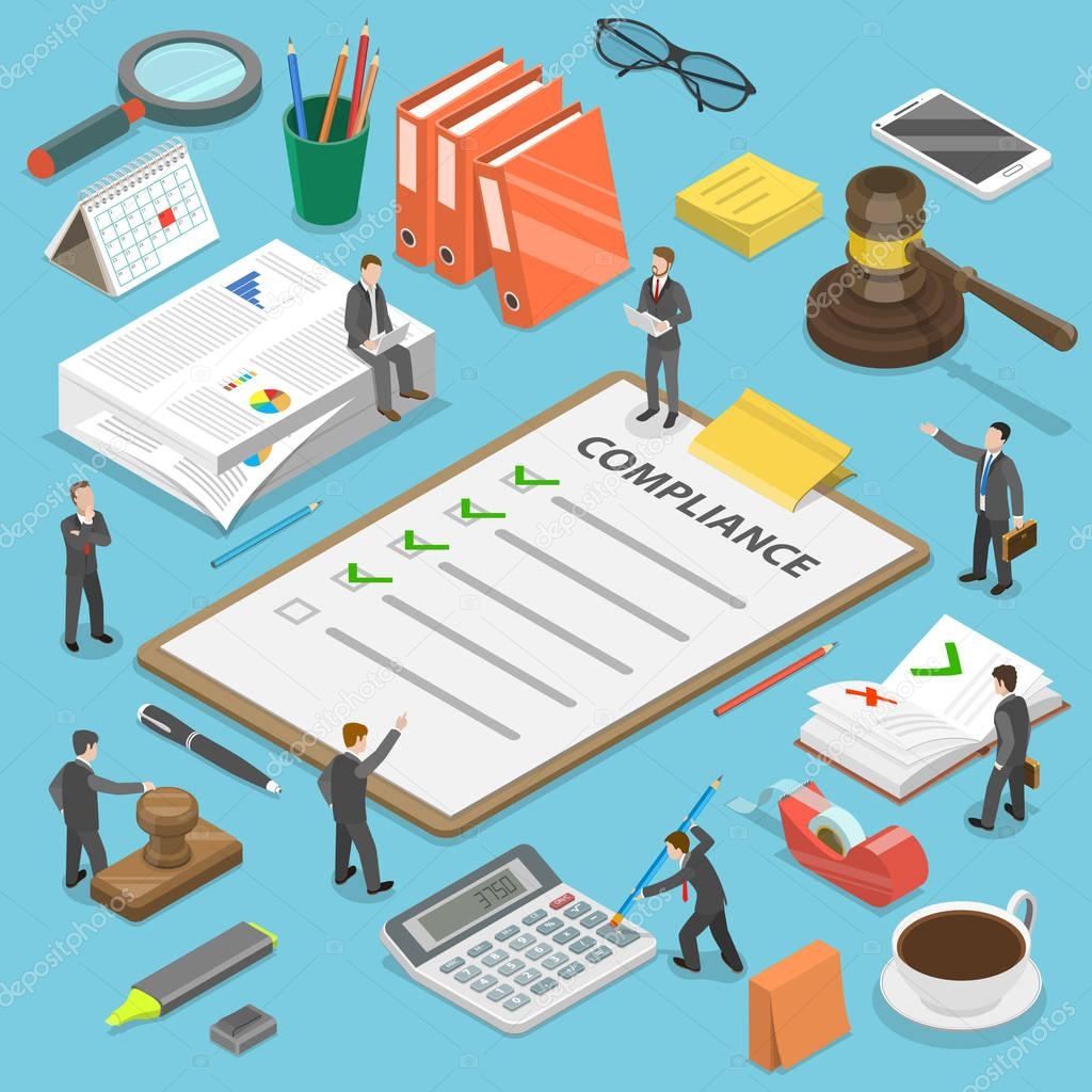 Cumplimiento normativo concepto de vector isométrico plano. 2023