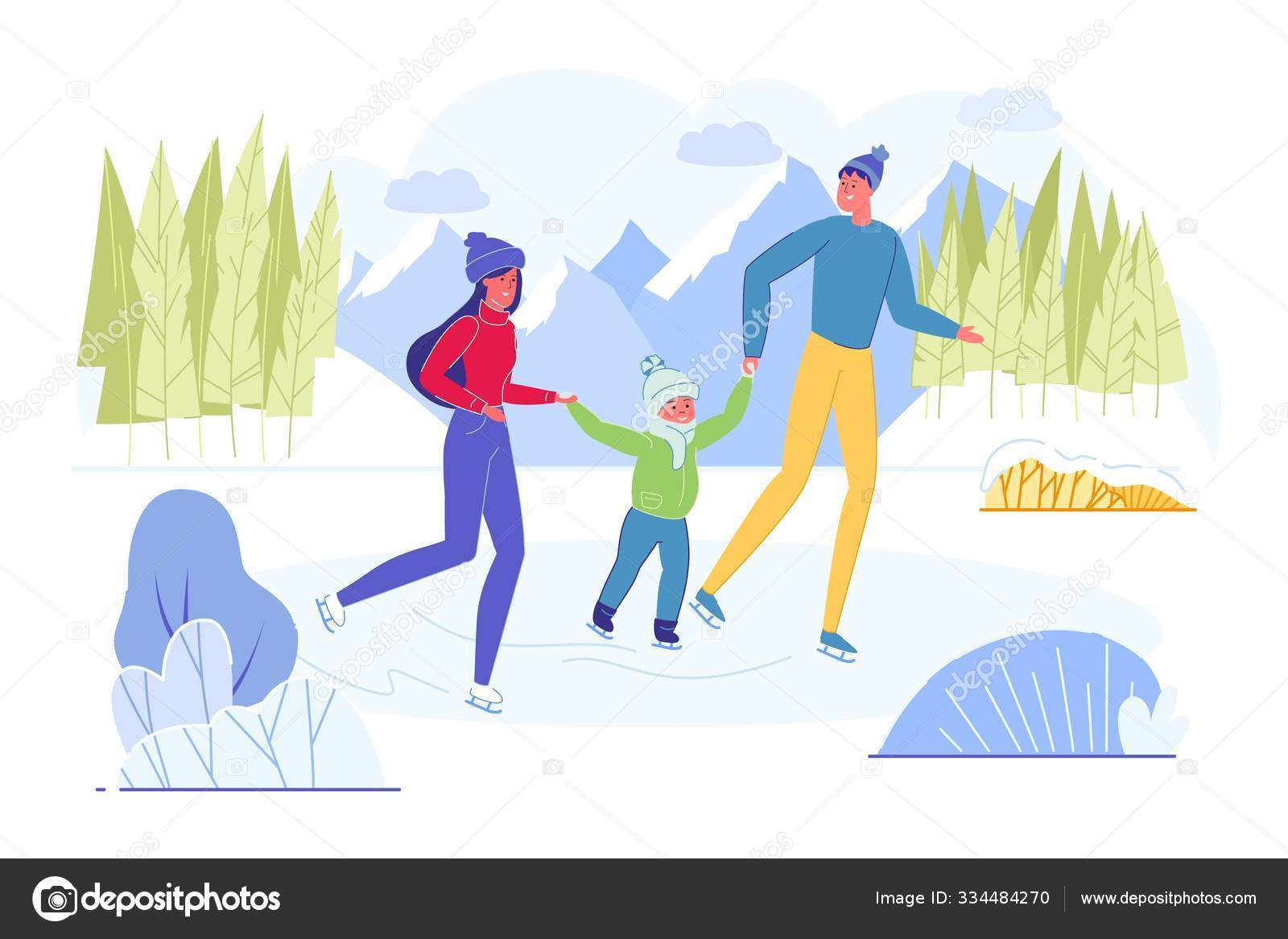 Parents and Son Ice Skating on Frozen River Rink. Stock Vector by ...