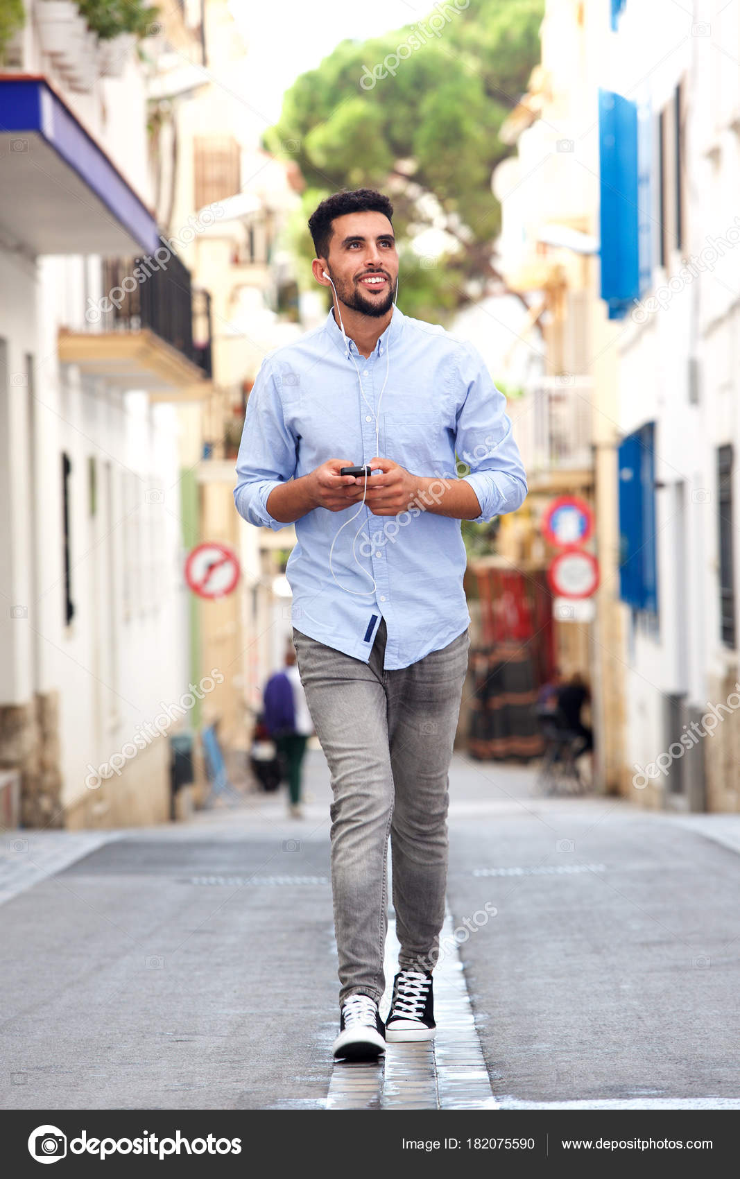 Full Length Portrait Young Arabic Man Walking City Mobile Phone Stock ...