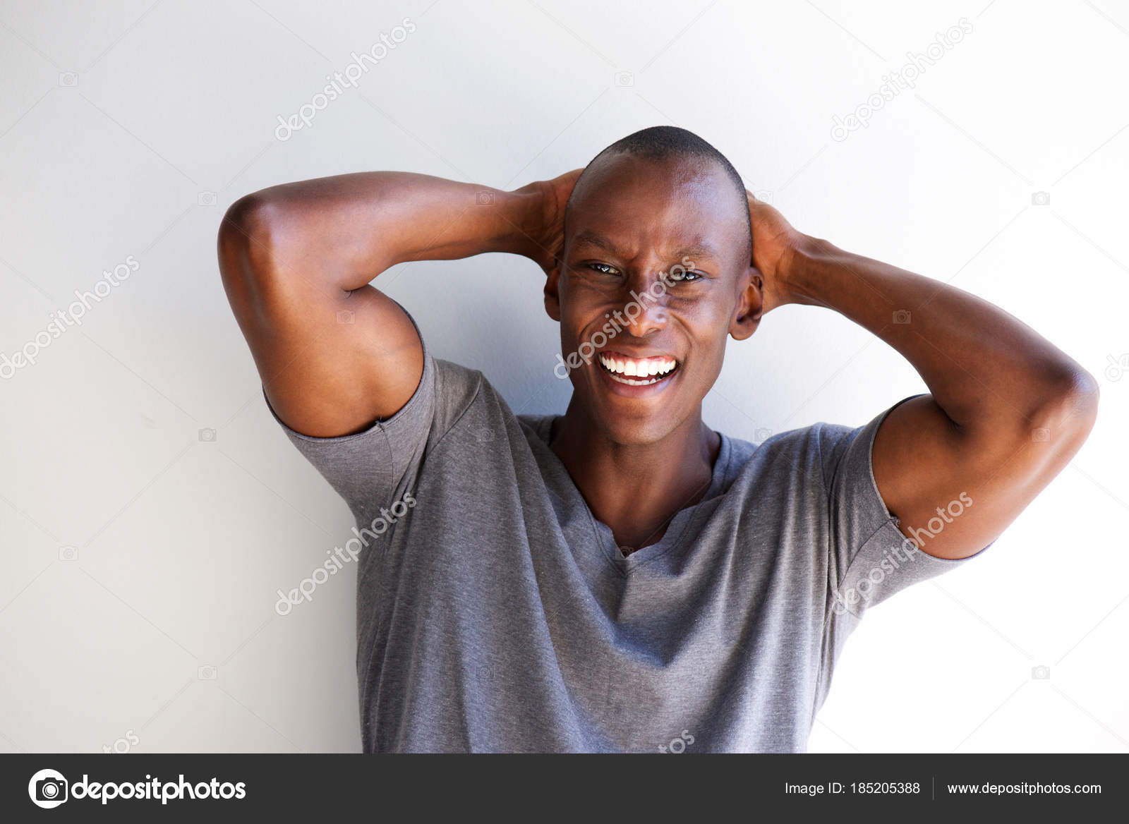 Close Portrait Handsome Black Man Laughing Hands Head White Background ...