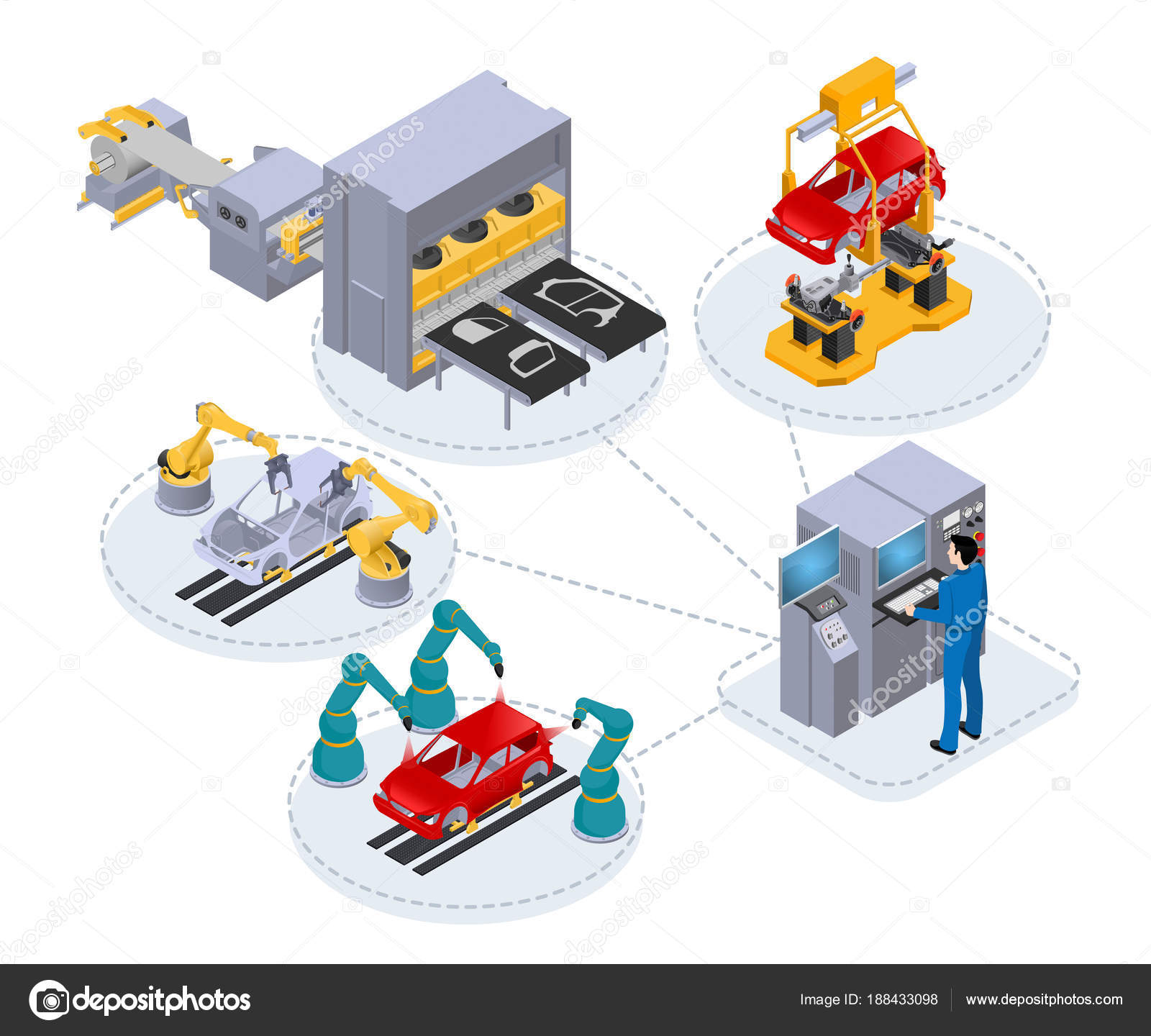 Automated Production Line Control Computer Assemble Cars Isometric ...