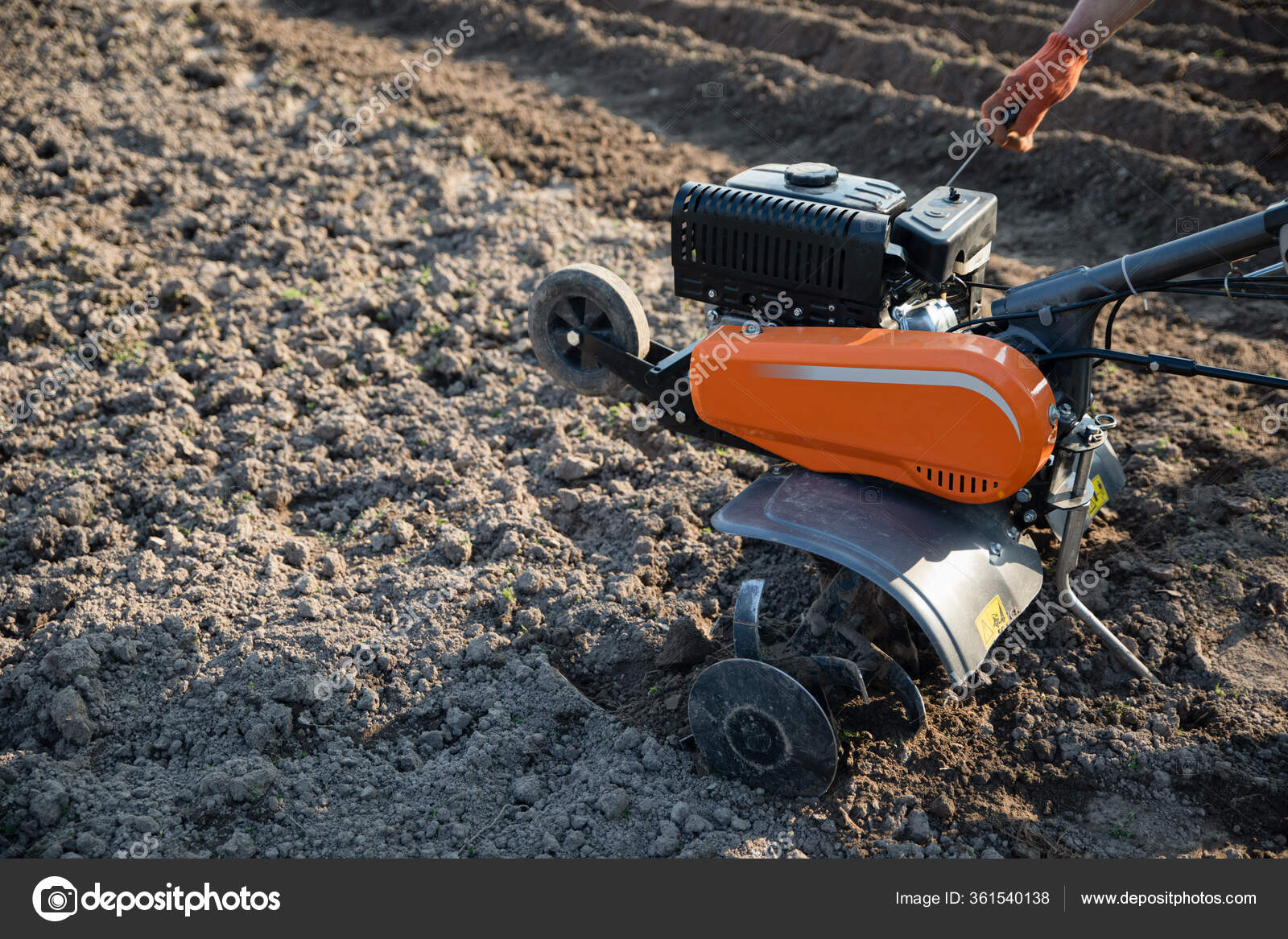 Small Orange Plowing Machine Hands Farmer Making Arable Black Soil ...