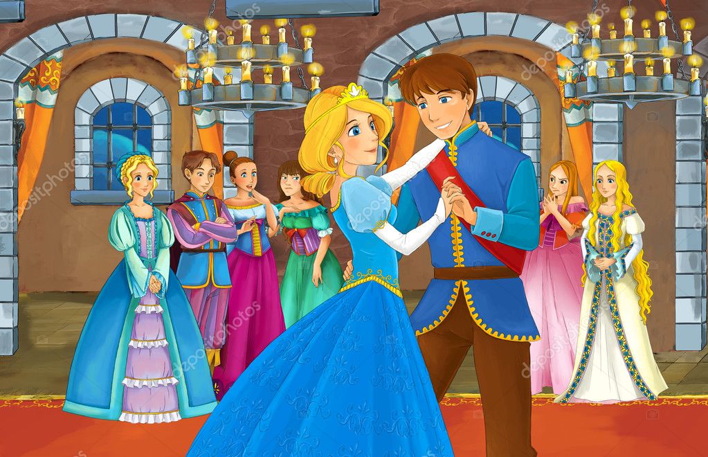 Cartoon Prince And Princess Dancing Cartoon Scene With Young Girl