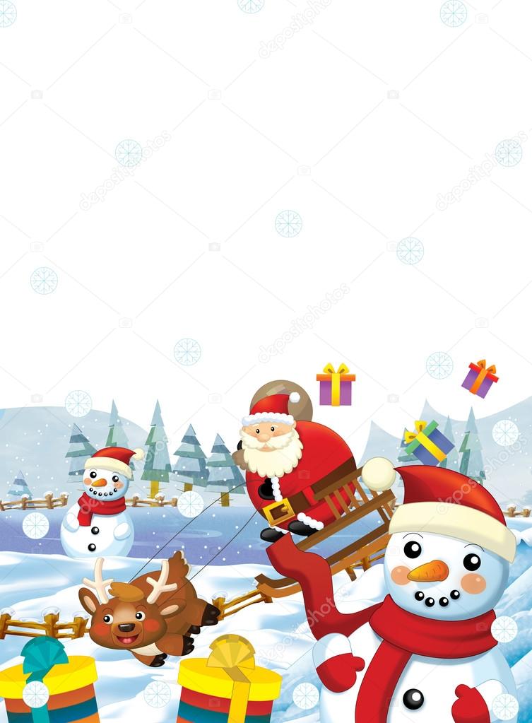 Santa claus with presents - sliding down with reindeer - snowmen Stock ...