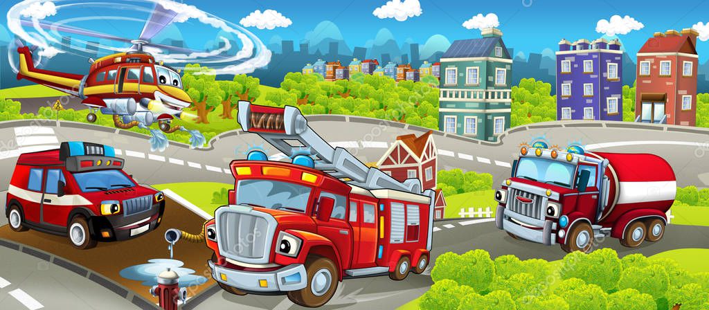 Cartoon stage with different machines for firefighting — Stock Photo ...