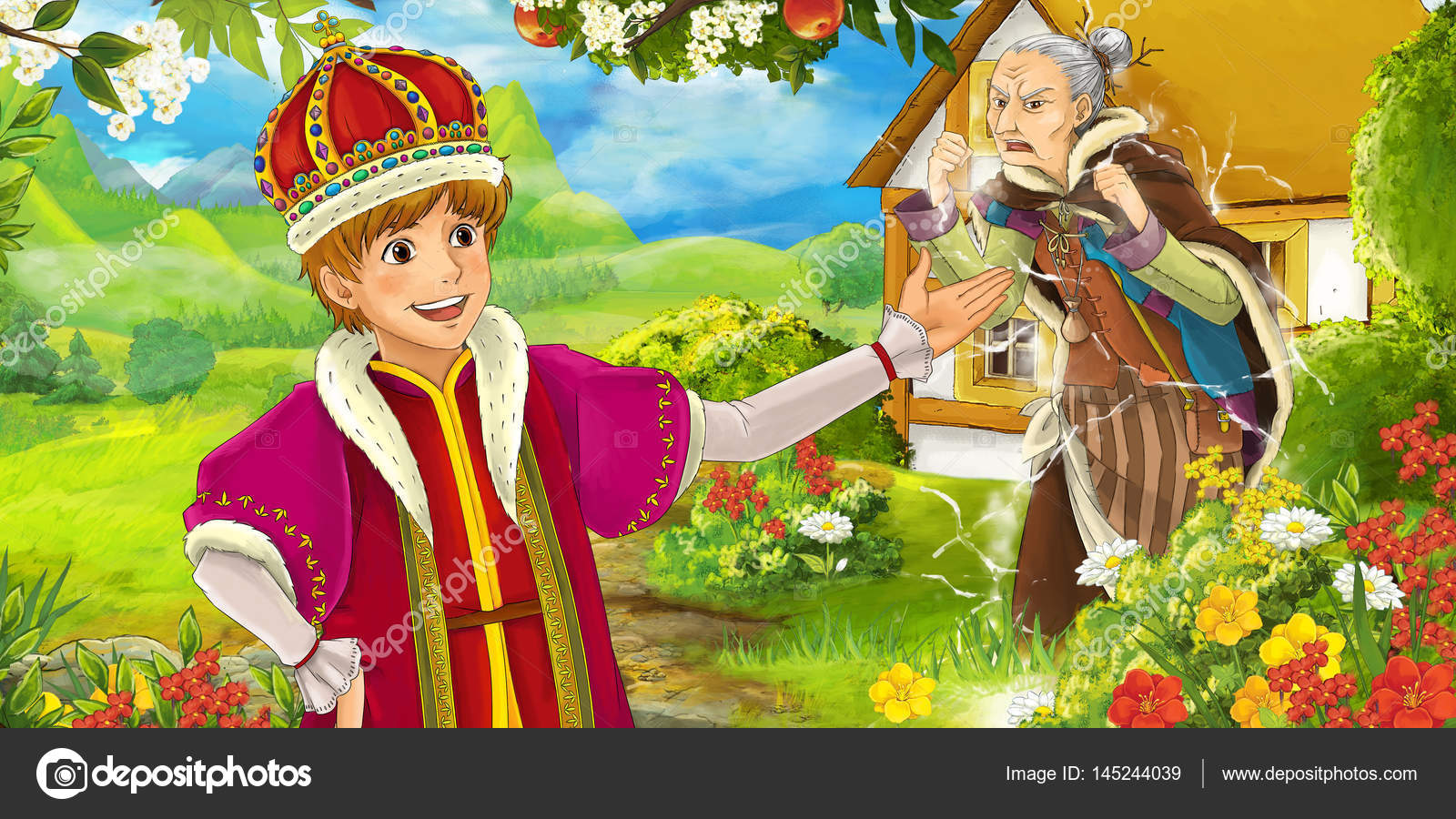 Cartoon Farm Scene Scary Witch Making Thunders Front Some Prince Stock ...