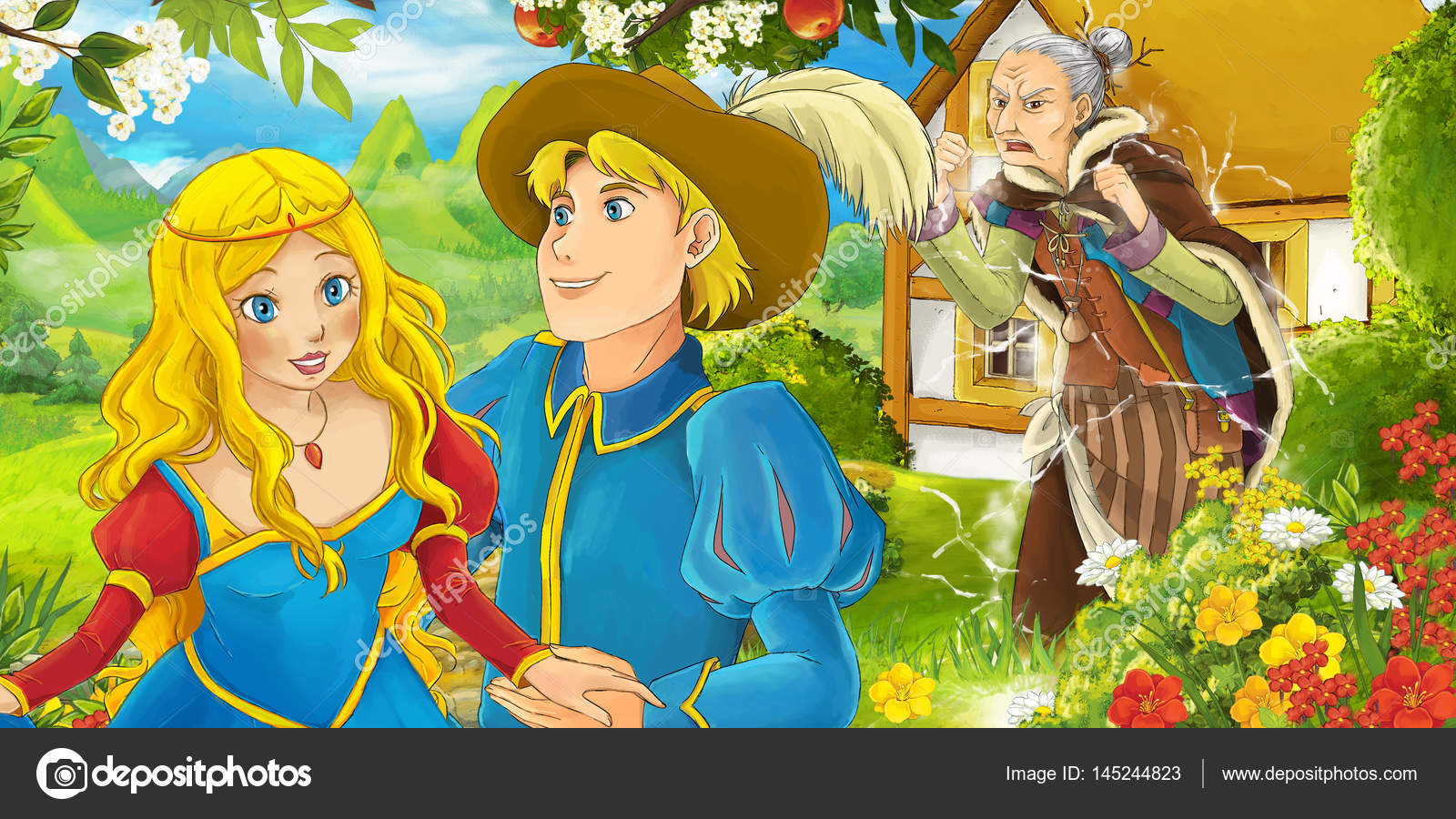 Cartoon Farm Scene Scary Witch Making Thunders Front Charming Royal ...