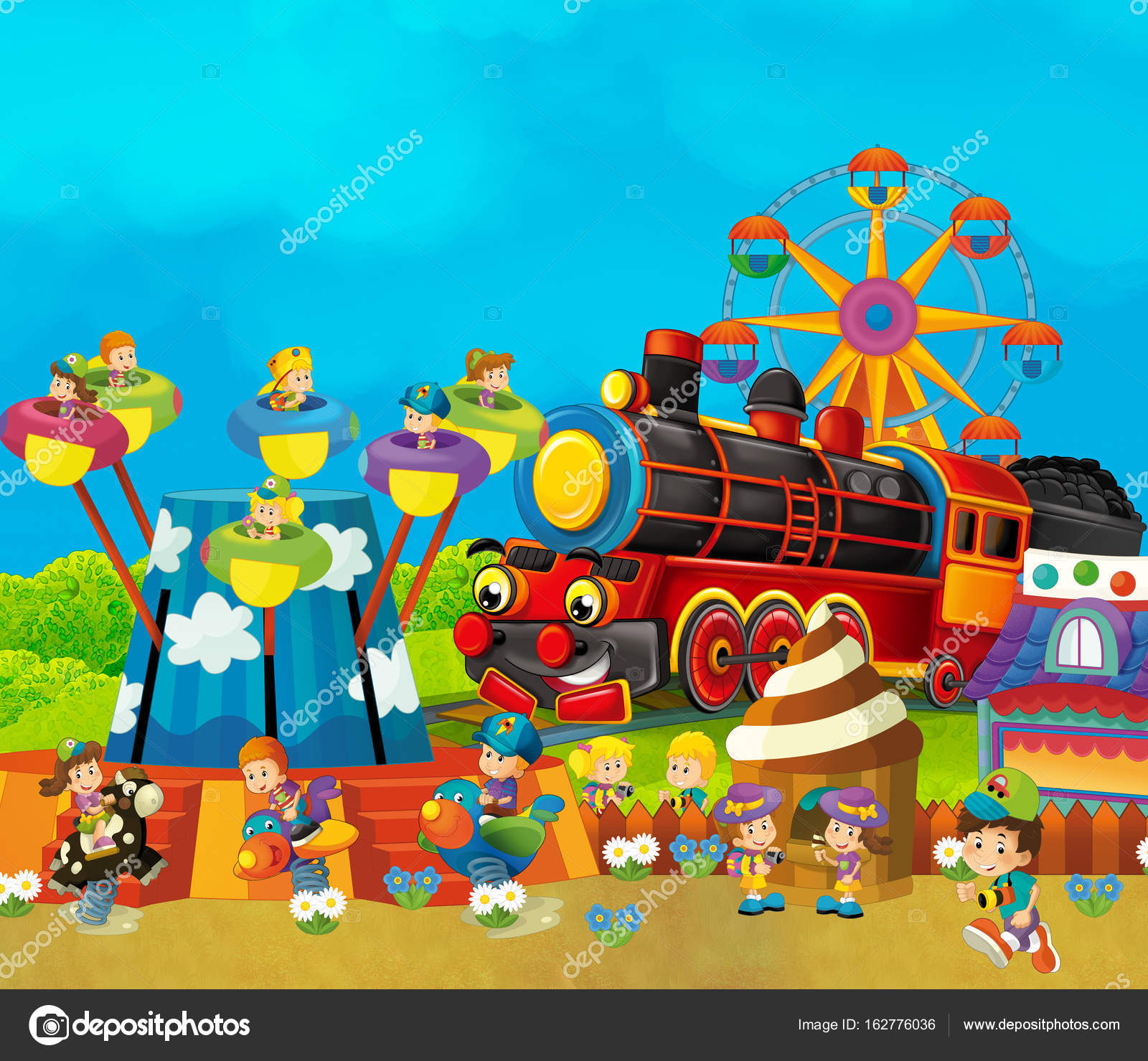 Funfair - amusement park with steam train — Stock Photo © illustrator ...