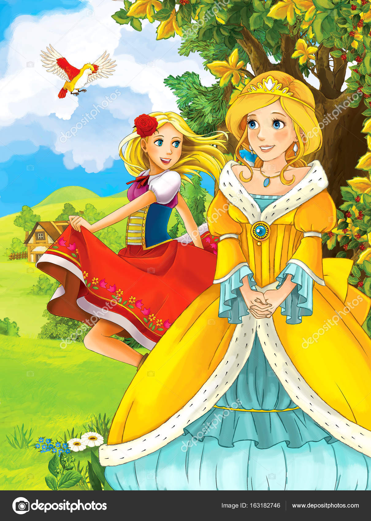 Cartoon scene with cute princesses in the forest Stock Illustration by ...