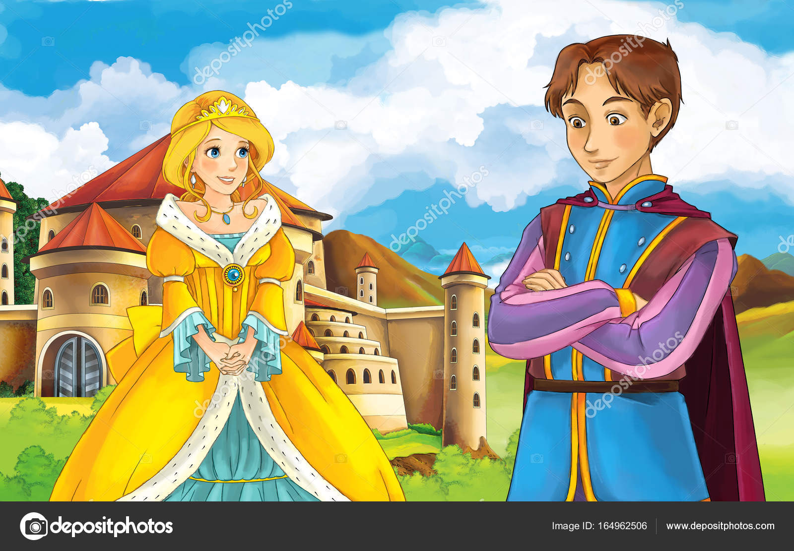 Girl in front of a castle and prince or king Stock Illustration by ...