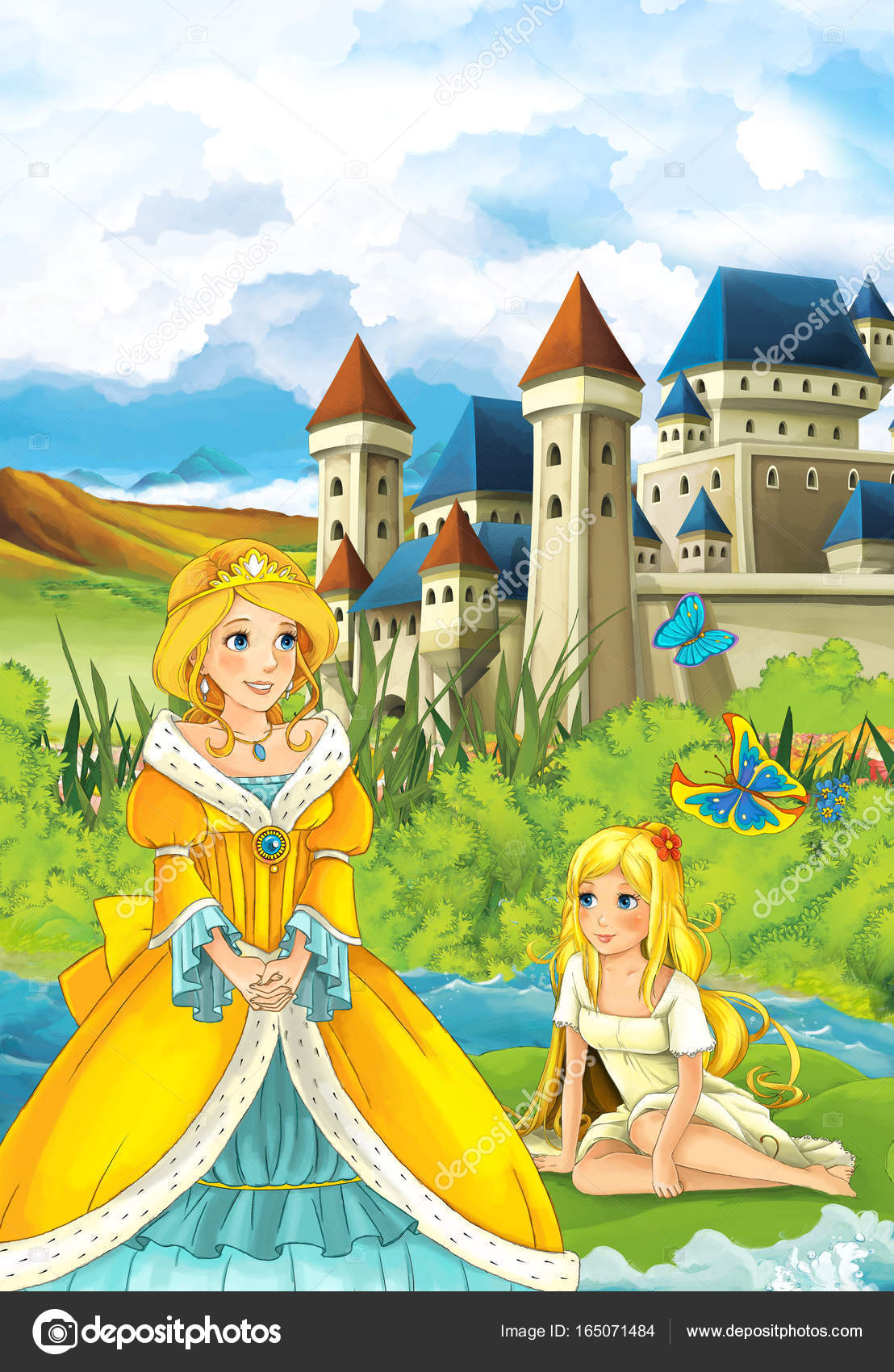 Princess looking at girl on leaf near castle Stock Illustration by ...