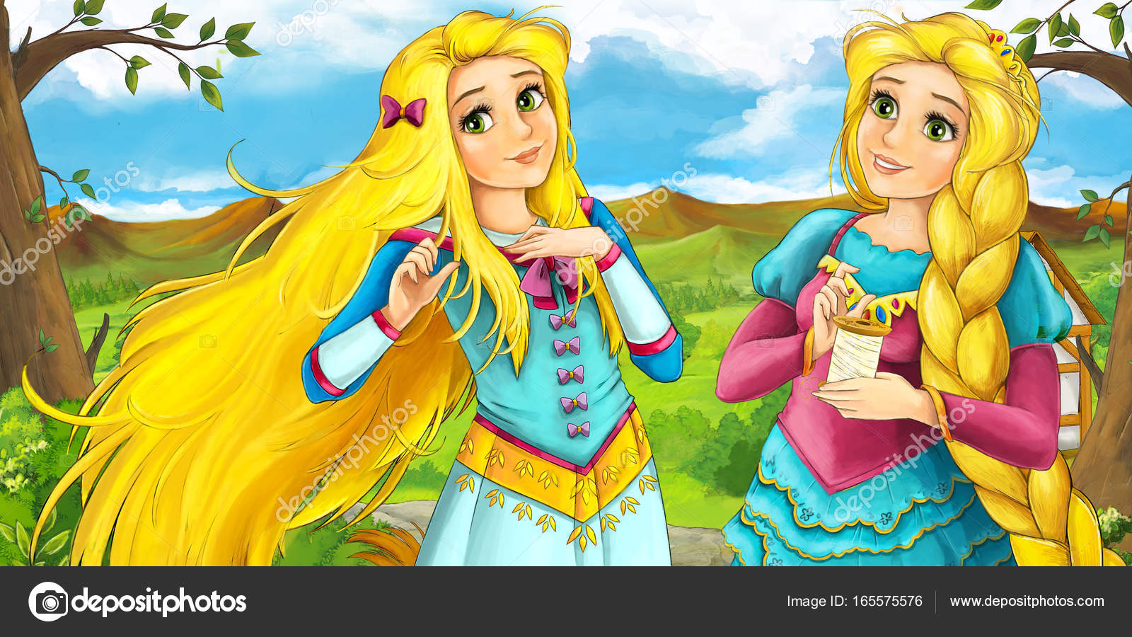 Cartoon Scene Happy Young Girl Princesses Illustration Children — Stock ...