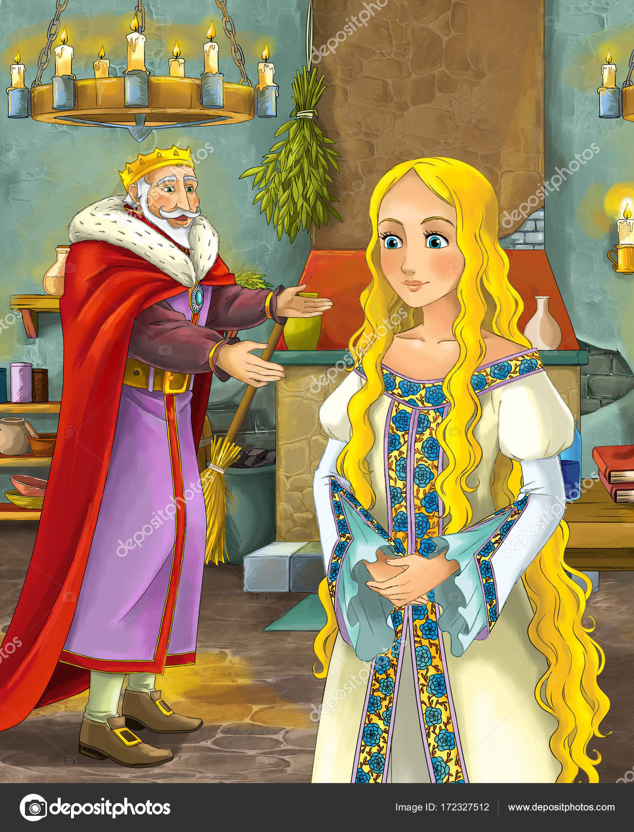 Cartoon Scene Happy King Talking Beautiful Young Lady Illustration ...