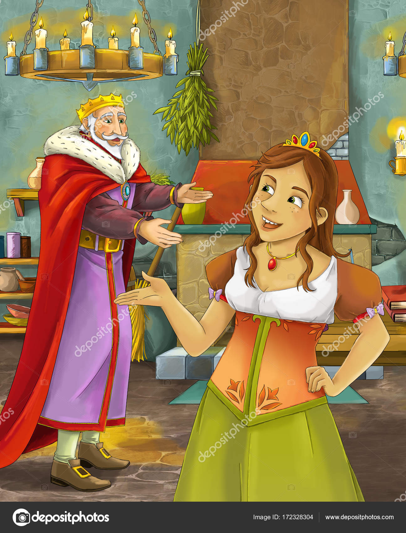 Cartoon Scene Happy King Talking Beautiful Young Lady Illustration ...