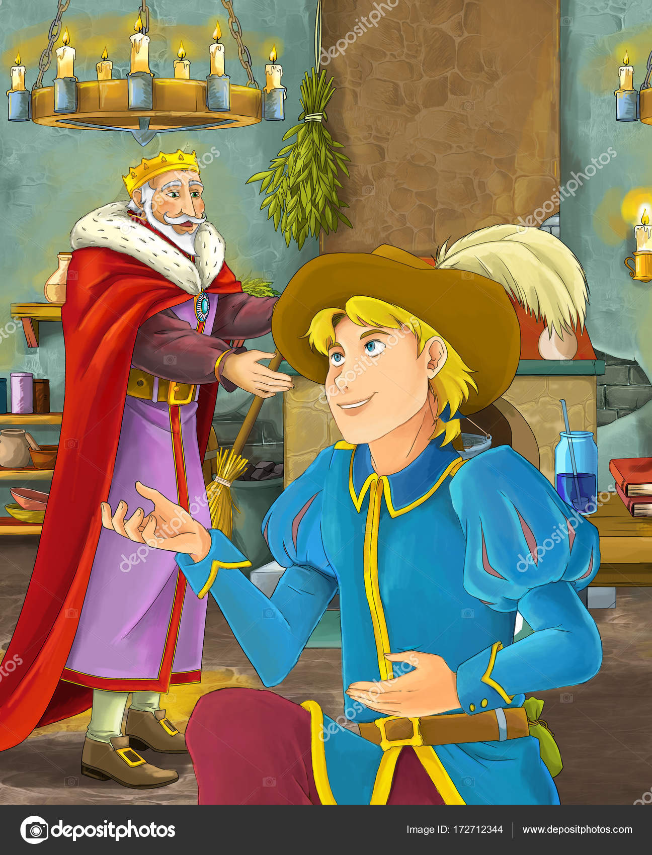 Cartoon Scene Happy King Talking Some Messanger Prince Illustration ...