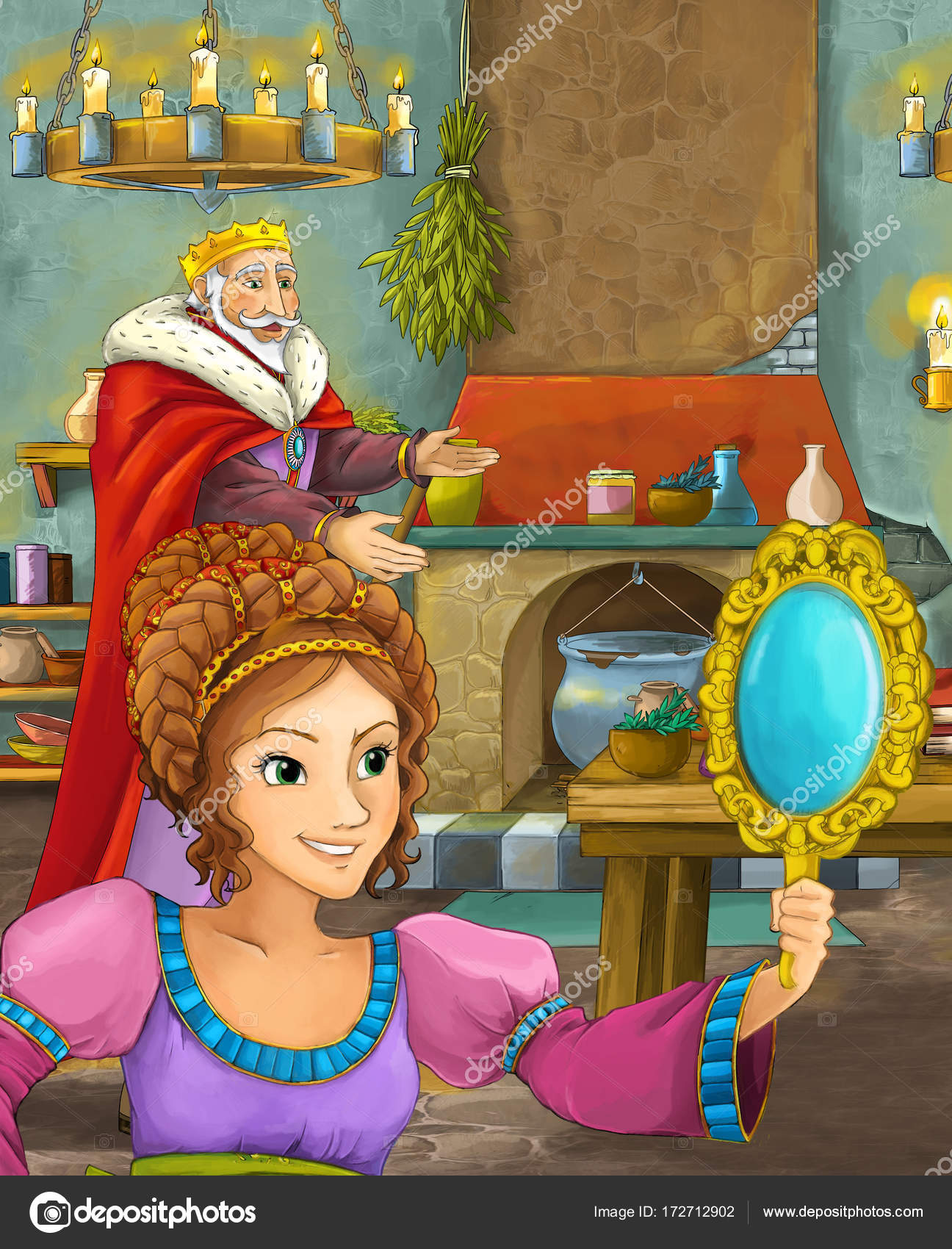Cartoon Scene Happy King Castle Kitchen Beautiful Young Lady ...