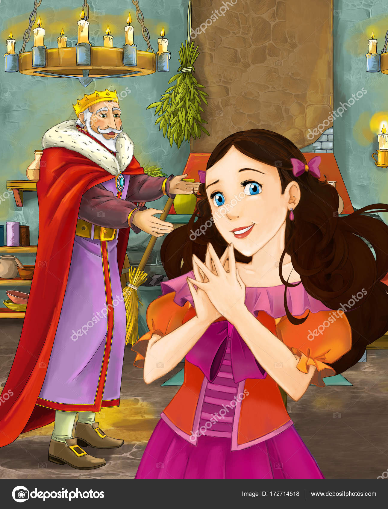 Cartoon Scene Happy King Talking Beautiful Young Lady Illustration ...