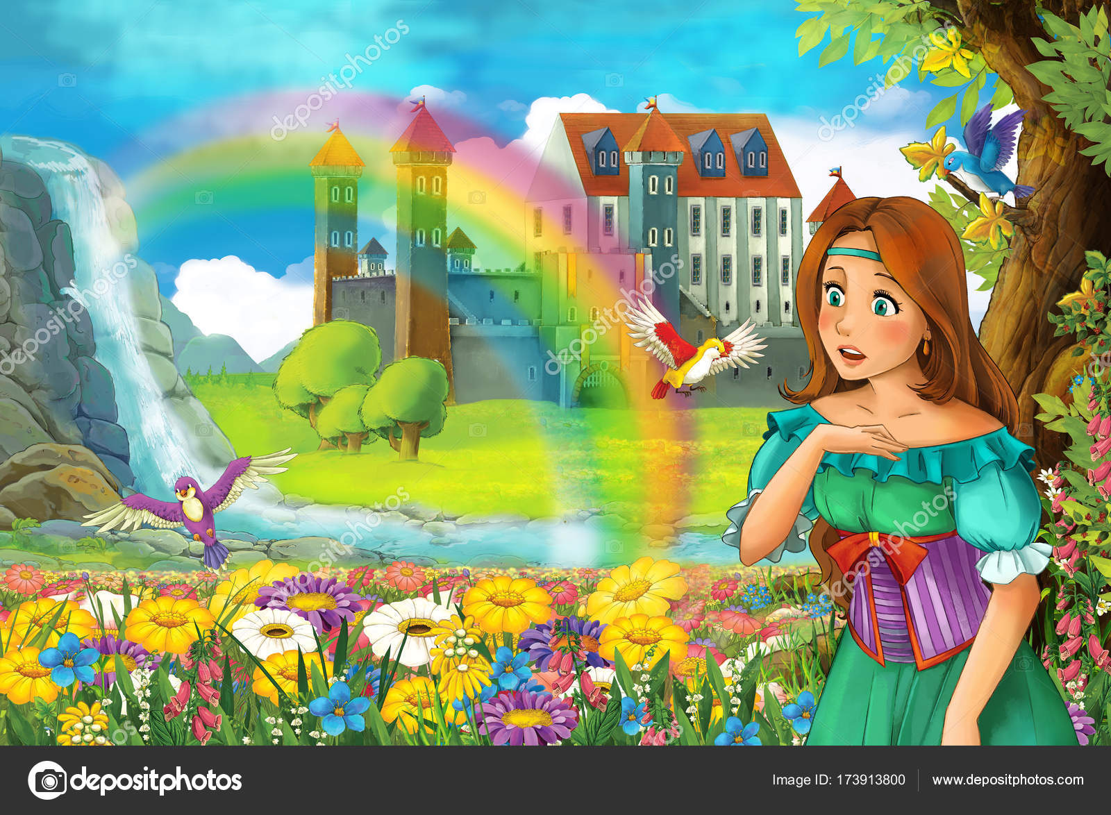 Cartoon Fairy Tale Scene Beautiful Princess Field Full Flowers Small ...