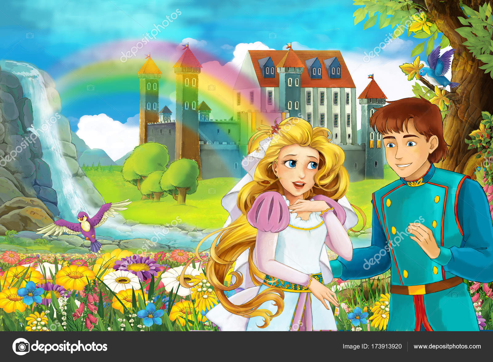 Cartoon Fairy Tale Scene Beautiful Prince Princess Field Full Flowers ...