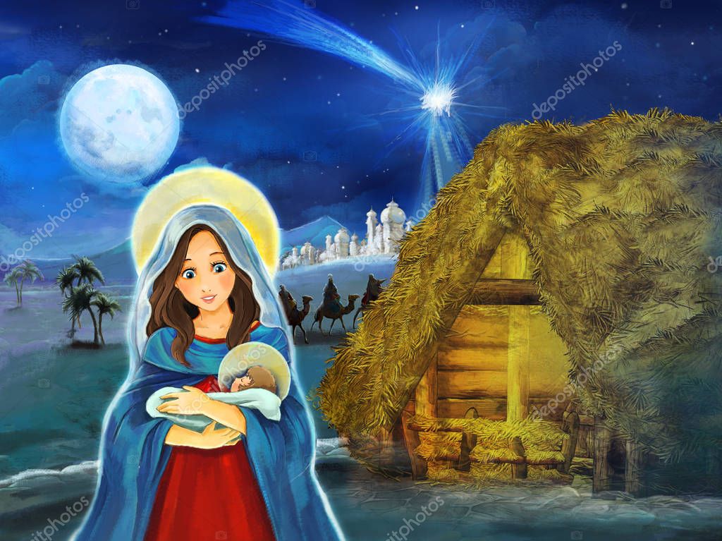 Escena De Dibujos Animados Con María Y Jesucristo Y Reyes Viajeros Ilustración Para Niños 2022