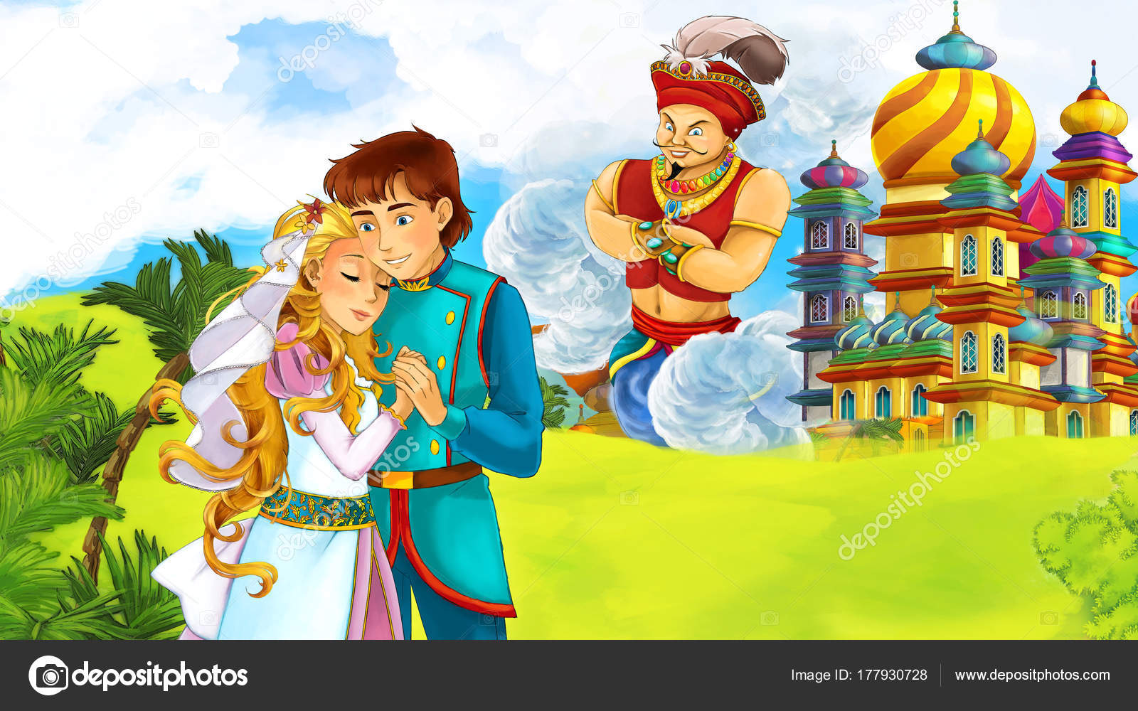 Cartoon Scene Young Married Couple Giant Sorcerer Flying Beautiful ...