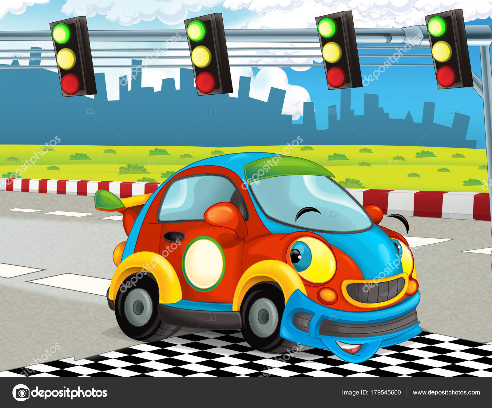 Cartoon Funny Happy Looking Racing Car Race Track Illustration Children ...