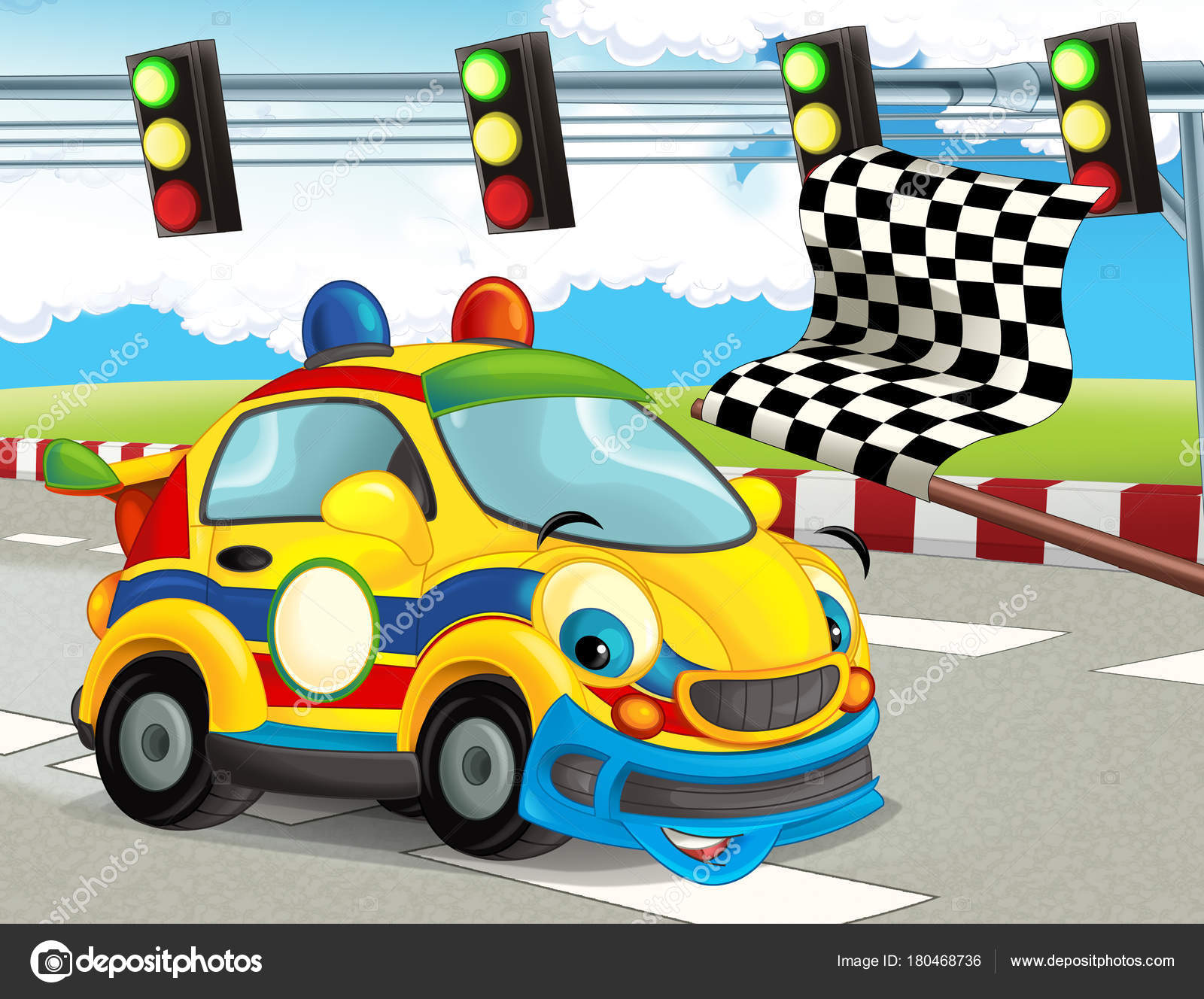 Cartoon Funny Happy Looking Racing Car Race Track Illustration Children ...