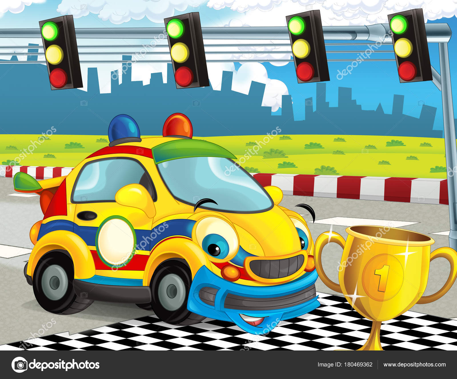 Cartoon Funny Happy Looking Racing Car Race Track Illustration Children ...