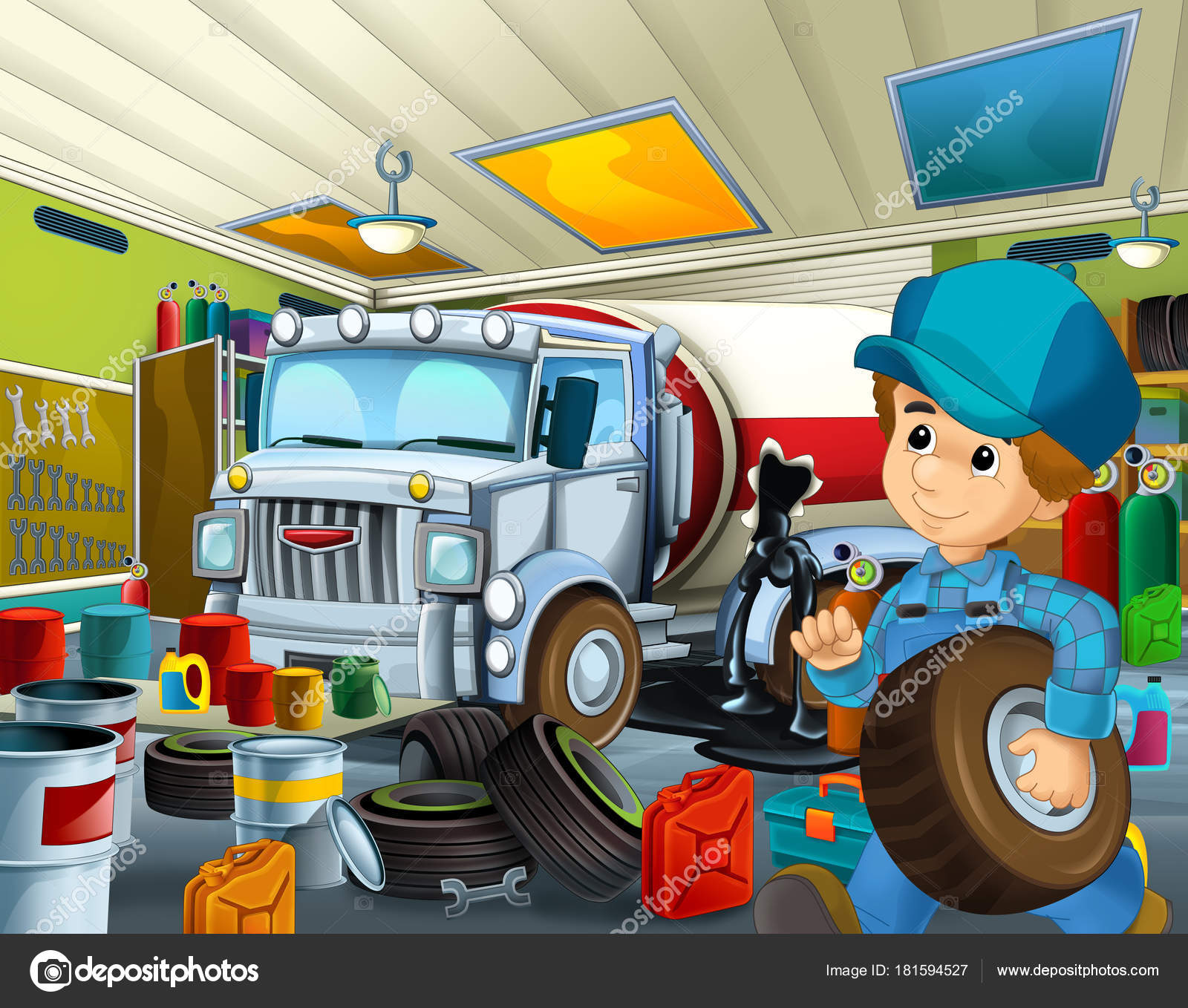 Cartoon Scene Garage Mechanic Working Repearing Some Vehicle Cleaning ...