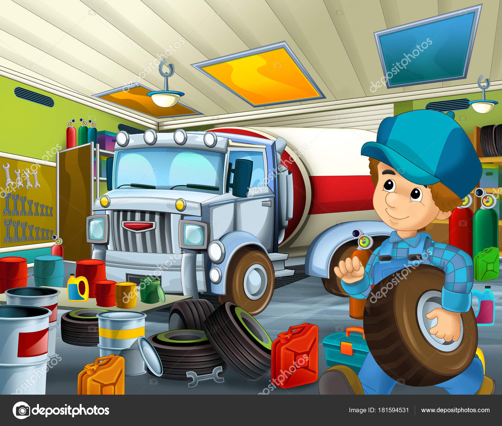 Cartoon Scene Garage Mechanic Working Repearing Some Vehicle Cleaning ...