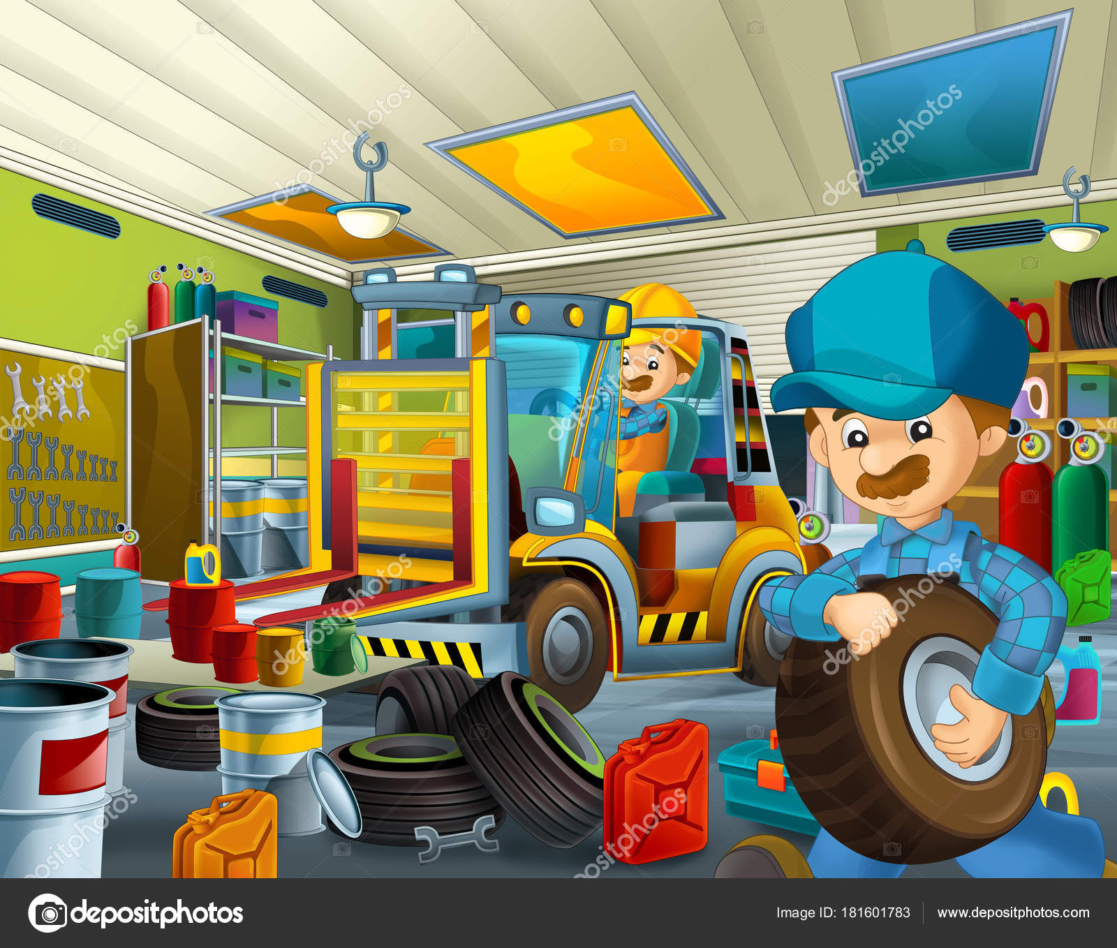 Cartoon Scene Garage Mechanic Working Repearing Some Vehicle Cleaning ...