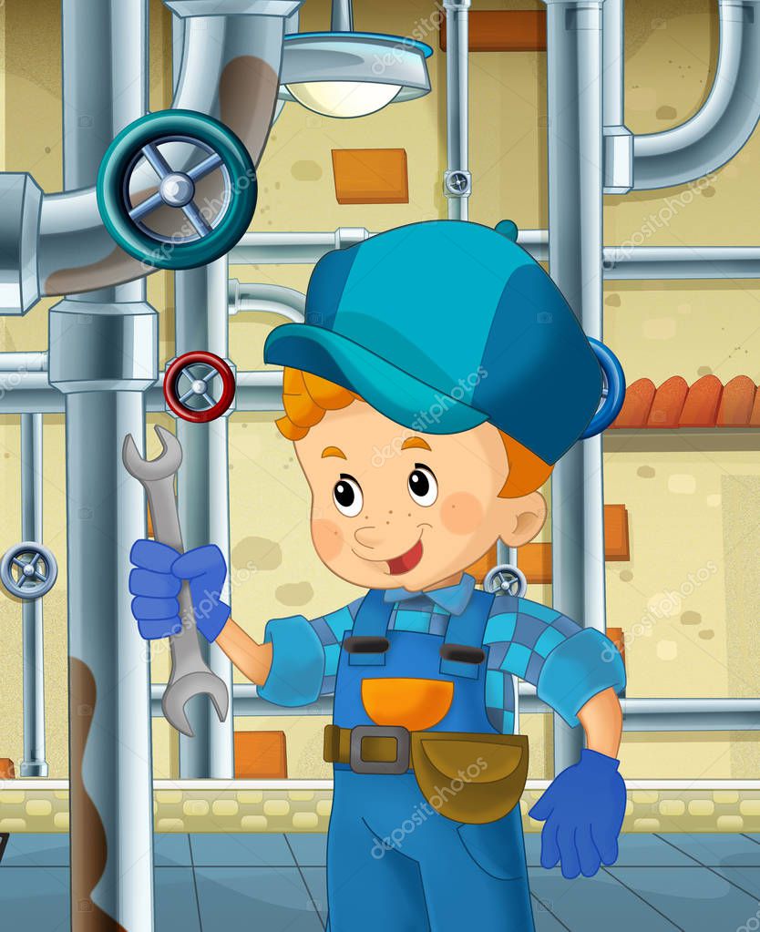escena de dibujos animados con el trabajador en el sótano reparando ...